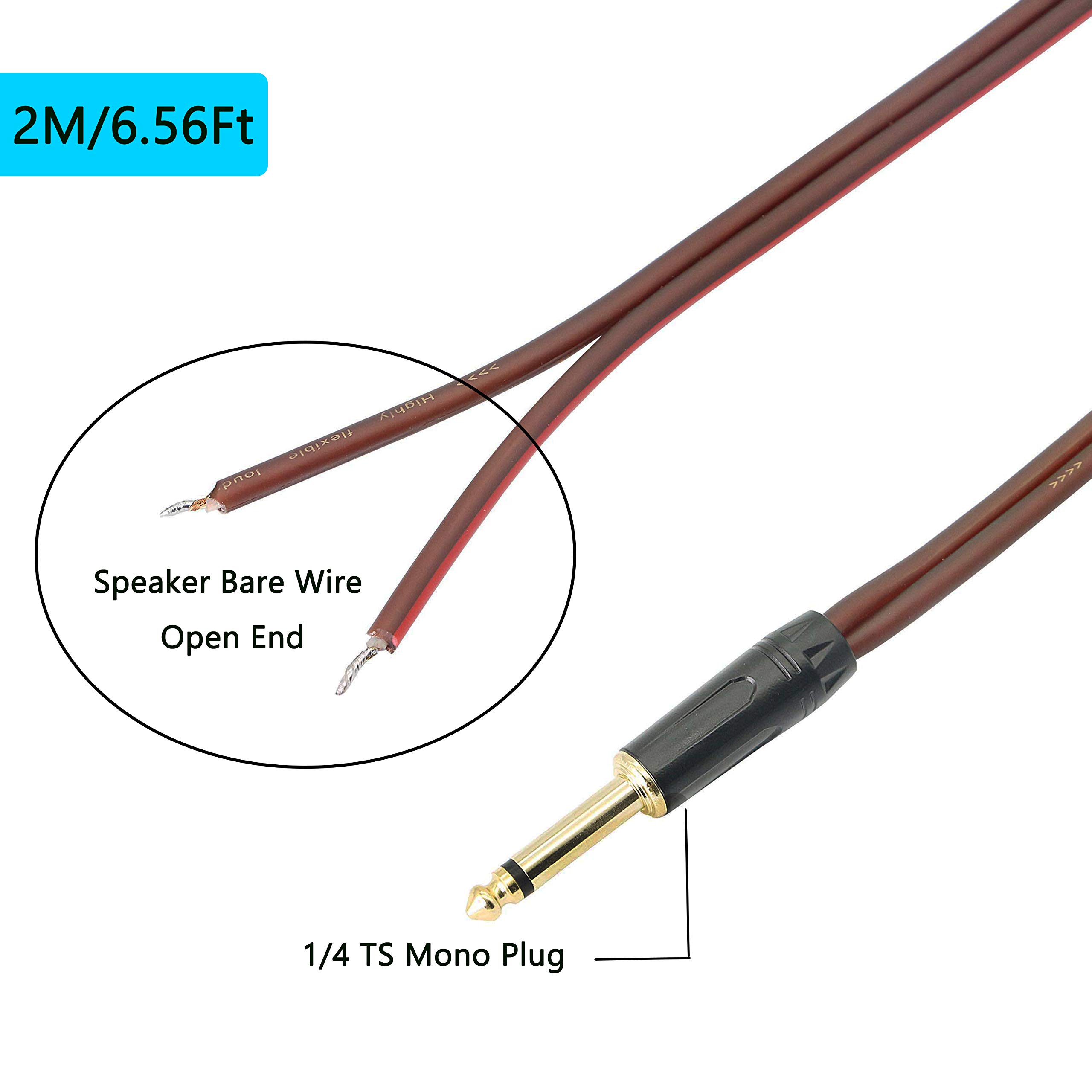 XMSJSIY 1/4 TS to Speaker Bare Wire,Audio Cable to 6.35mm Male Mono Adapter Replacement Open End Gold-Plated OFC HiFi TS Speaker Cord Amplifier Patch Cable for DJ Application,DIY -2M