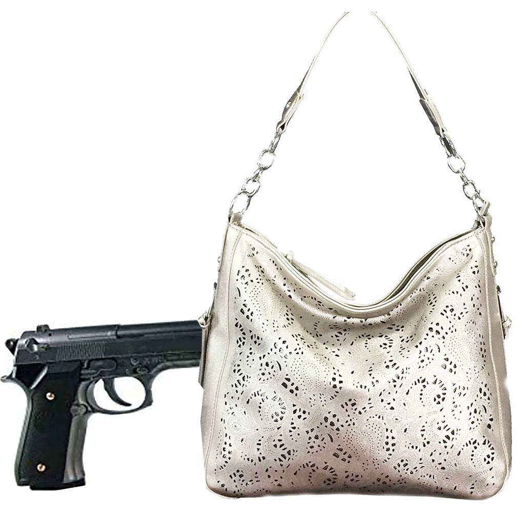 Zzfab Laser Cut Bling Hobo fashion CCW Bag Faux Leather Concealed Carry Purse Pewter