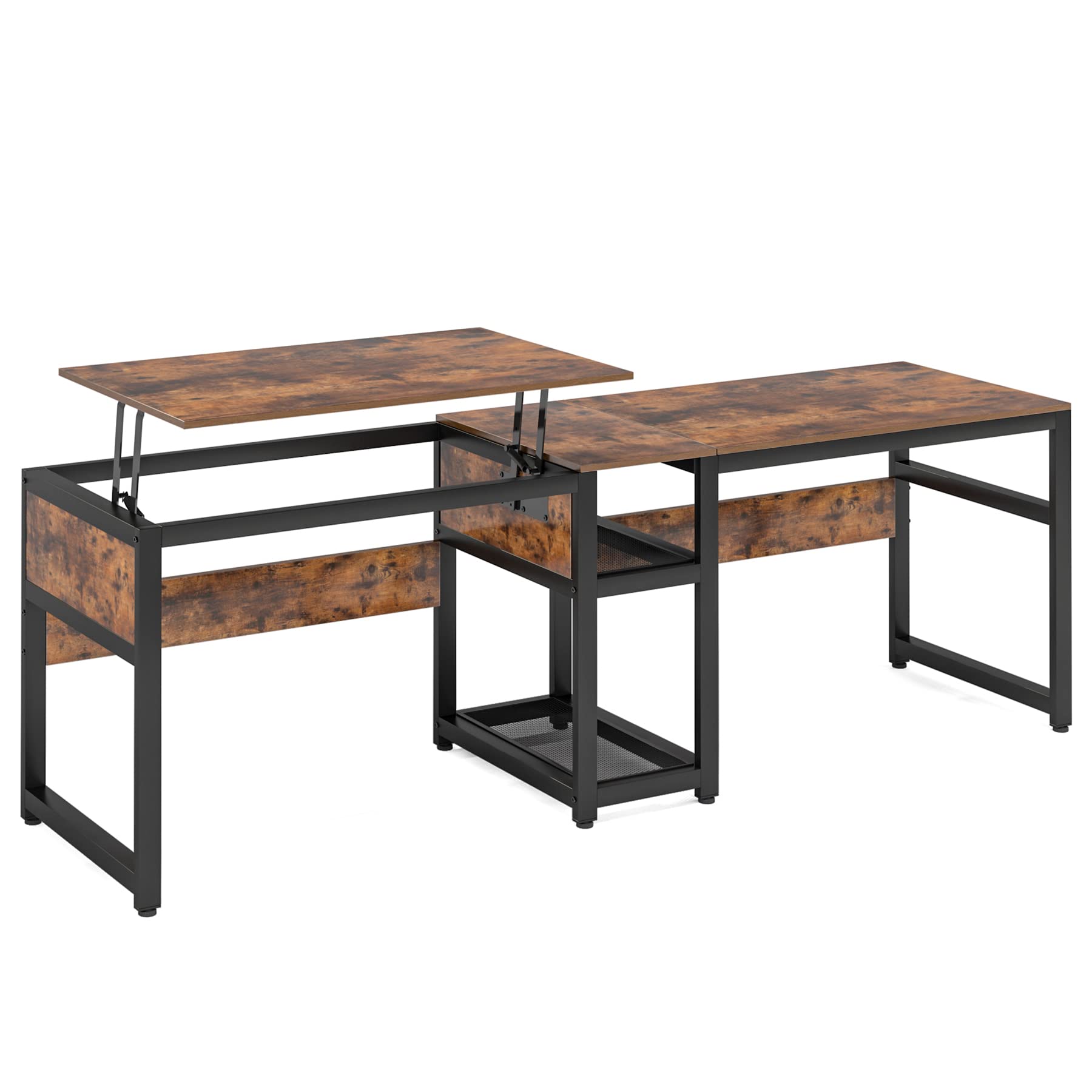 Tribesigns Lift Top Computer Desk, 78.8 inch Height Adjustable Double Home Office Desk Dual Writing Table Workstation with Storage Shelves
