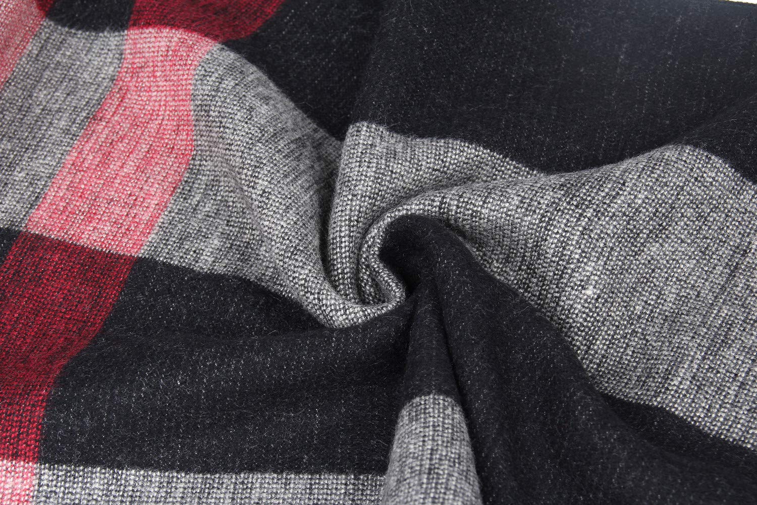 VEXTROFORT Men's Winter Scarf, Soft Long Cashmere Feel Scarves for Men with Fringes Tartan - Grey Black Red Plaid