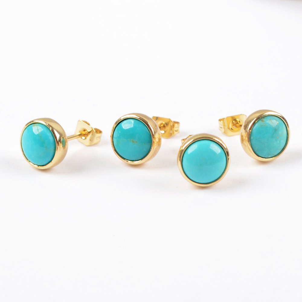 ZENGORI 1 Pair 9MM Gold Plated Round Natural Turquoise Stud Earrings for Women ZG0258