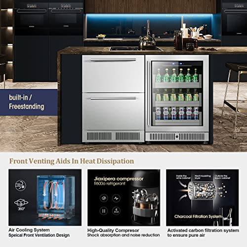 Vesgold 24 inch wide drawer refrigerator, built-in wine and beverage refrigerator under the counter, weatherproof, indoor and outdoor refrigerators, all-stainless steel cooler.