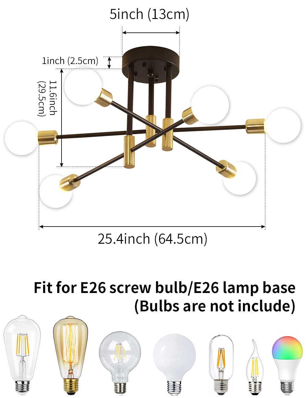 Sputnik Chandelier Modern Ceiling Light Fixture Mid Century Black and Gold Industrial Pendant Light Semi Flush Mount Lighting for Living Room Dining Room Bedroom Kitchen Bar Cafe
