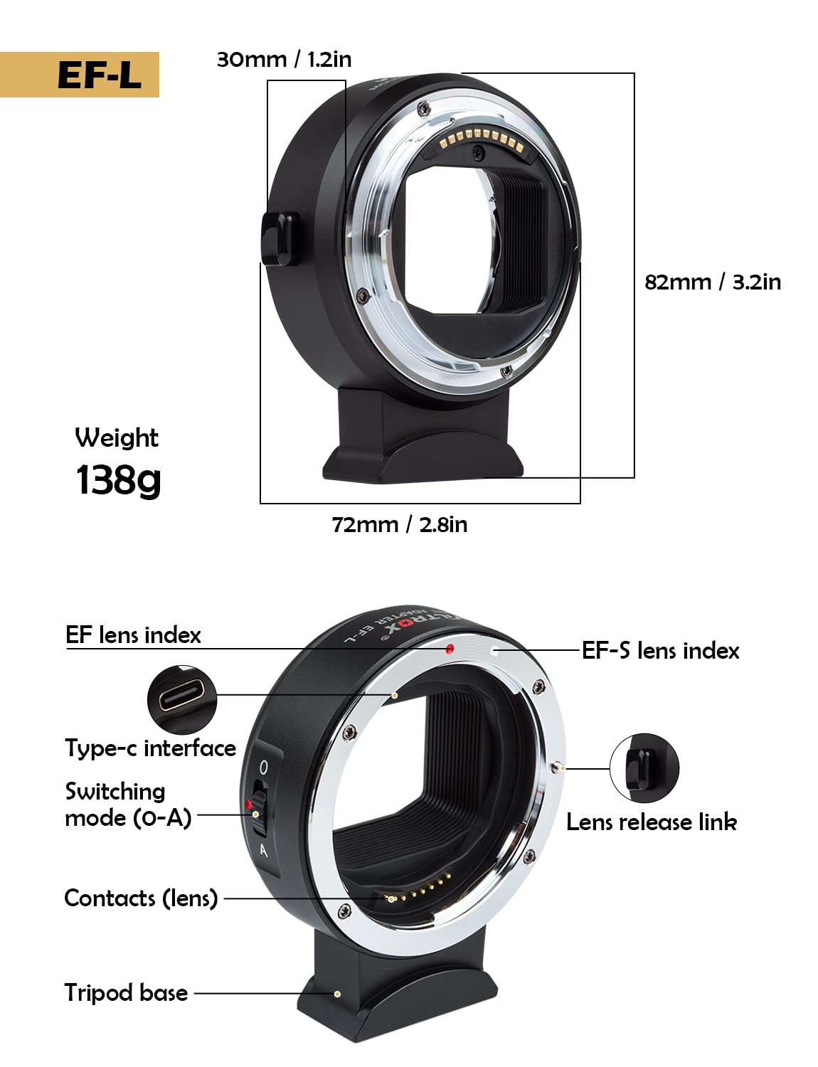 VILTROX EF-L Lens Adapter, Auto-Focus EF to L Mount Adapter Ring Lens Converter Control Ring Compatible for Canon EF/EF-S Lens to L Mount Camera Leica SL SL2/Panasonic S1 S1R S1H/Sigma fp