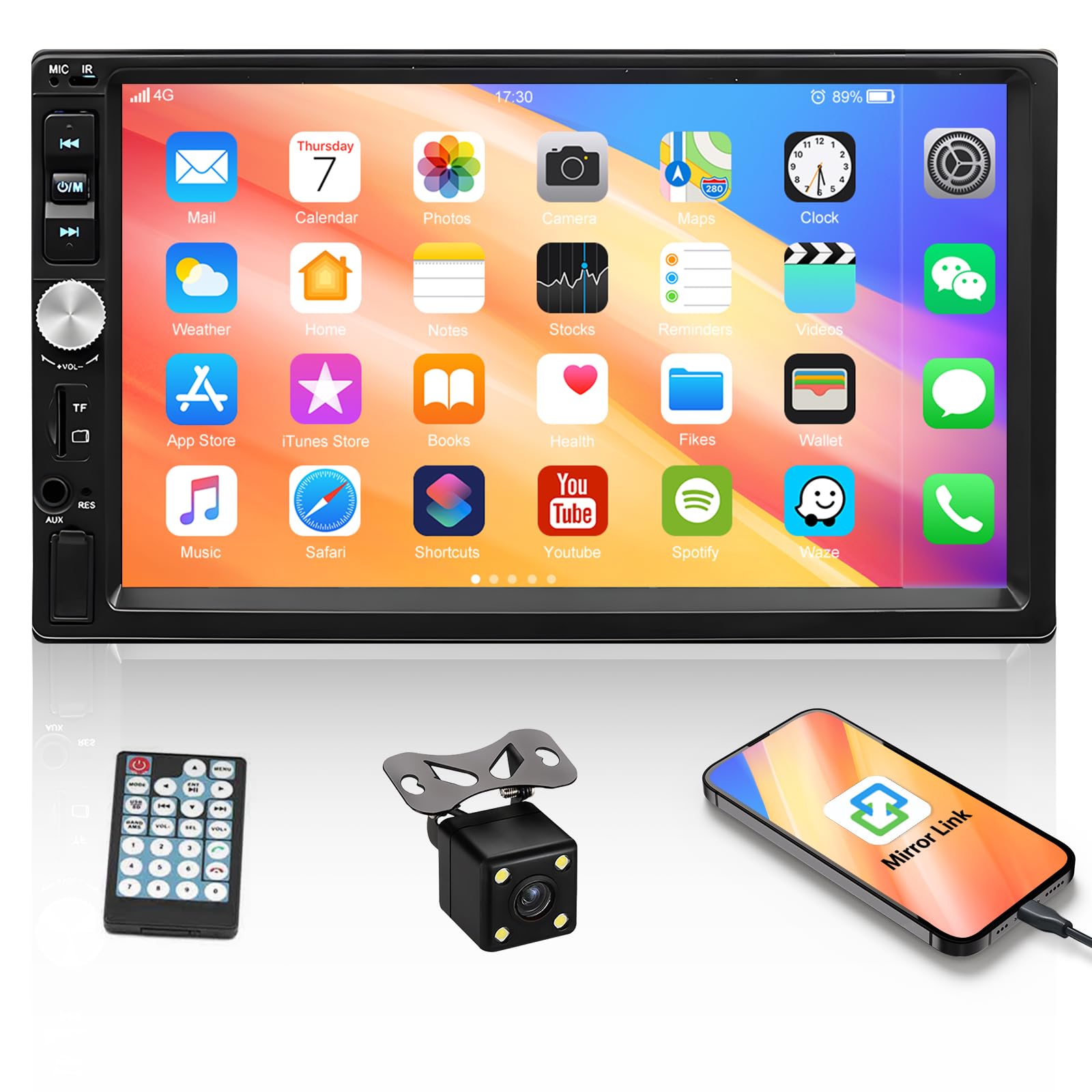 UNITOPSCI Double Din Bluetooth Car Stereo HD 7 Inch Touch Screen with Backup Camera, Mirror Link FM Radio Aux/USB/TF Input Car MP5 Player+ Remote Control
