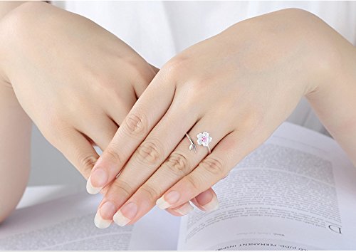 XCFS S925 Sterling Silver CZ Cherry Blossom Flower Purple Amethyst Women Open Band Ring,Adjustable