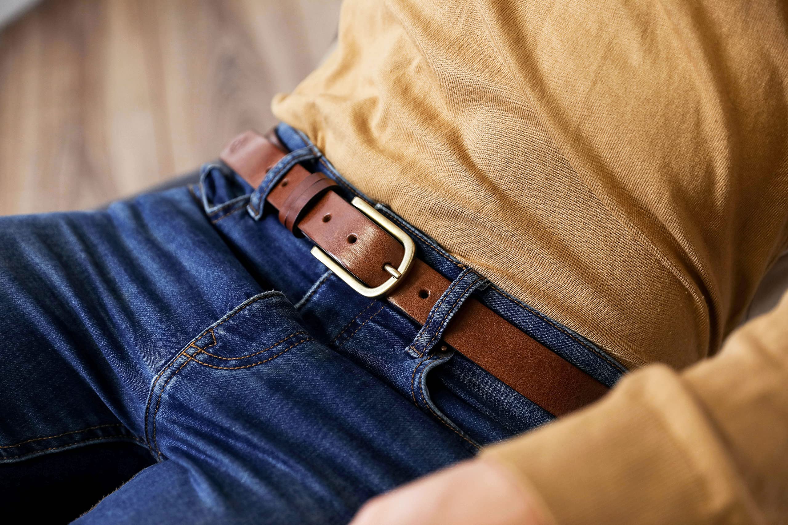 Time Resistance Full Grain Leather Belt for Men and Women, 100% Real Solid Leather Handmade Belt for Jeans and Work Business (L, Brown)