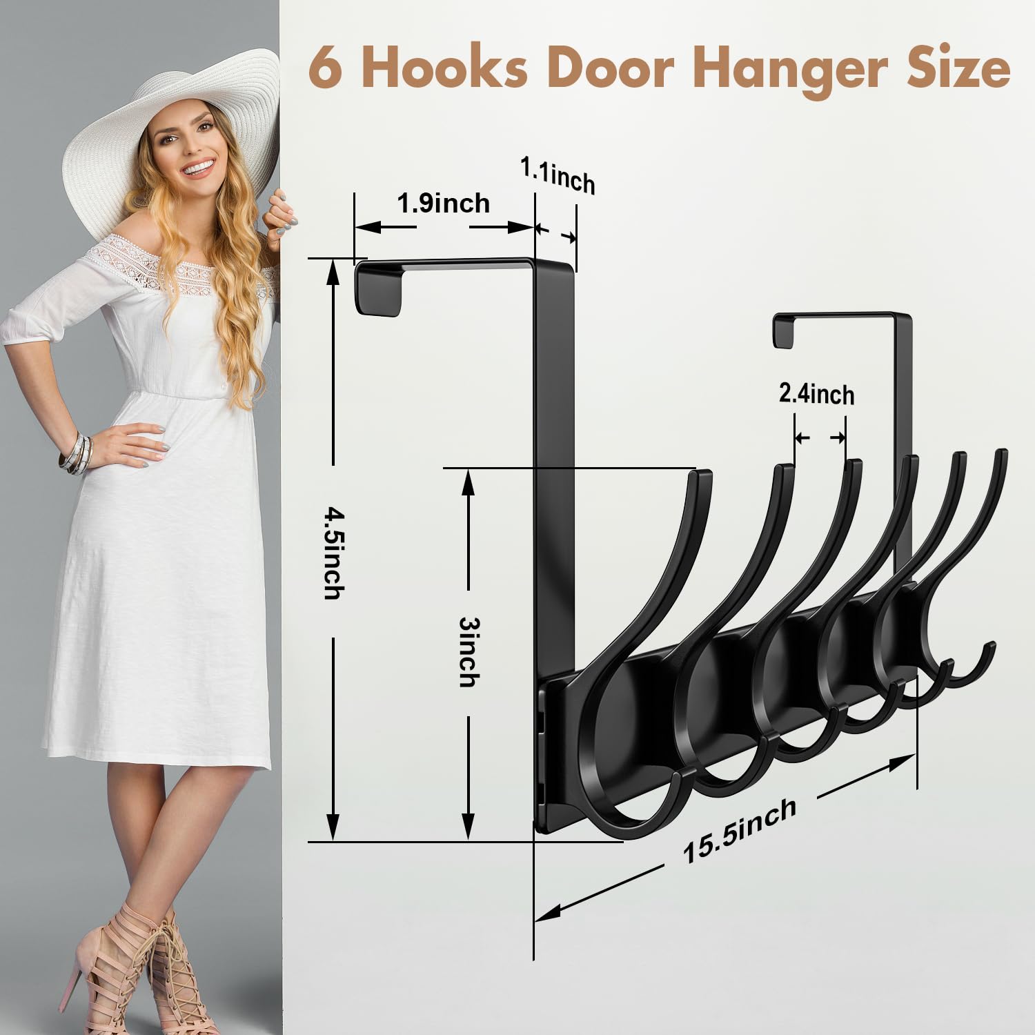 TEELLA Over The Door Hooks, 12 Hooks Over The Door Hanger Hook, 15.5" L x 4.5" H Over Door Hook, Over Door Towel Rack Coat Rack, Door Hooks for Hanging, Black