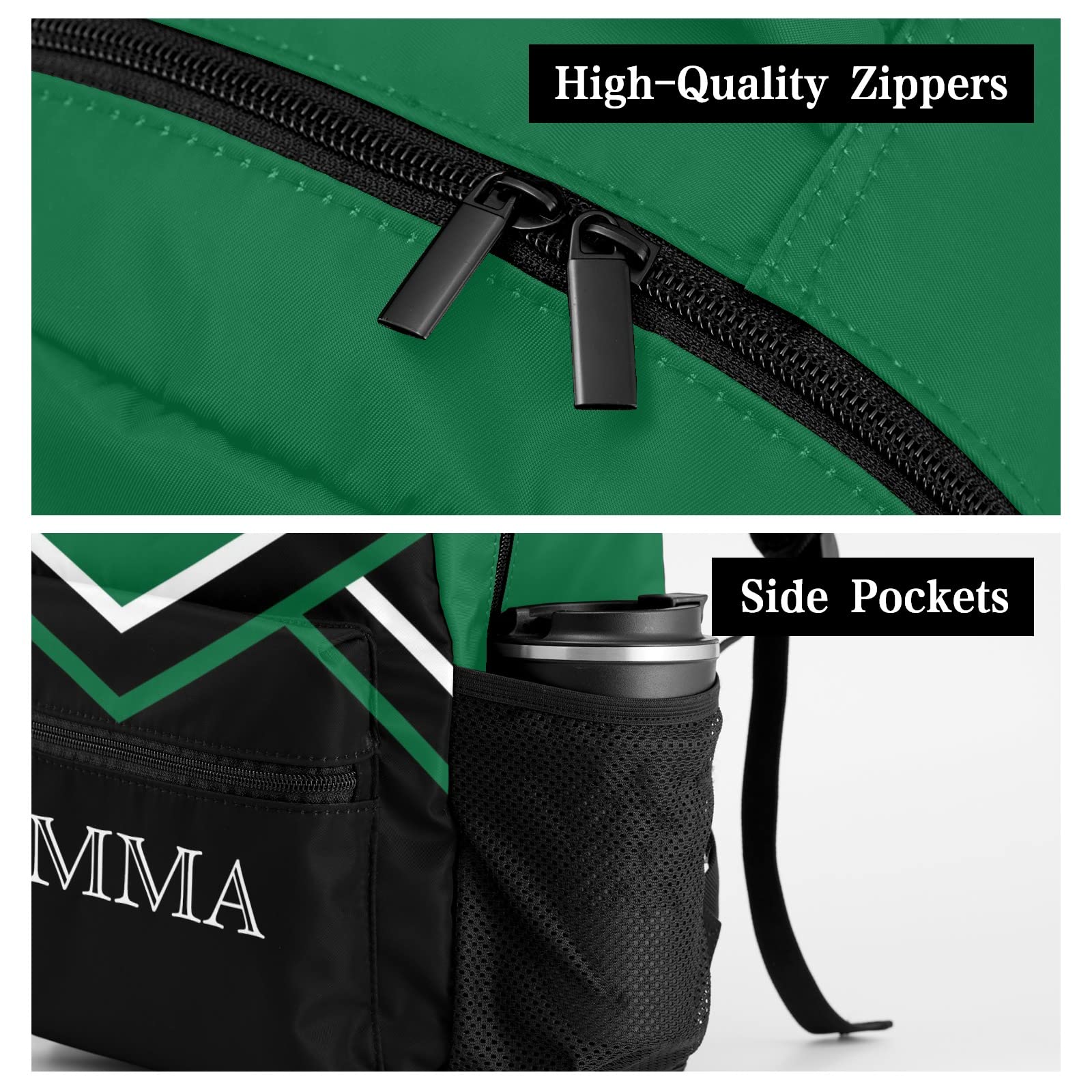 Zaaprint Green Waterproof Cheer Cheerleaders Backpack with Name Text for Women Men Gift