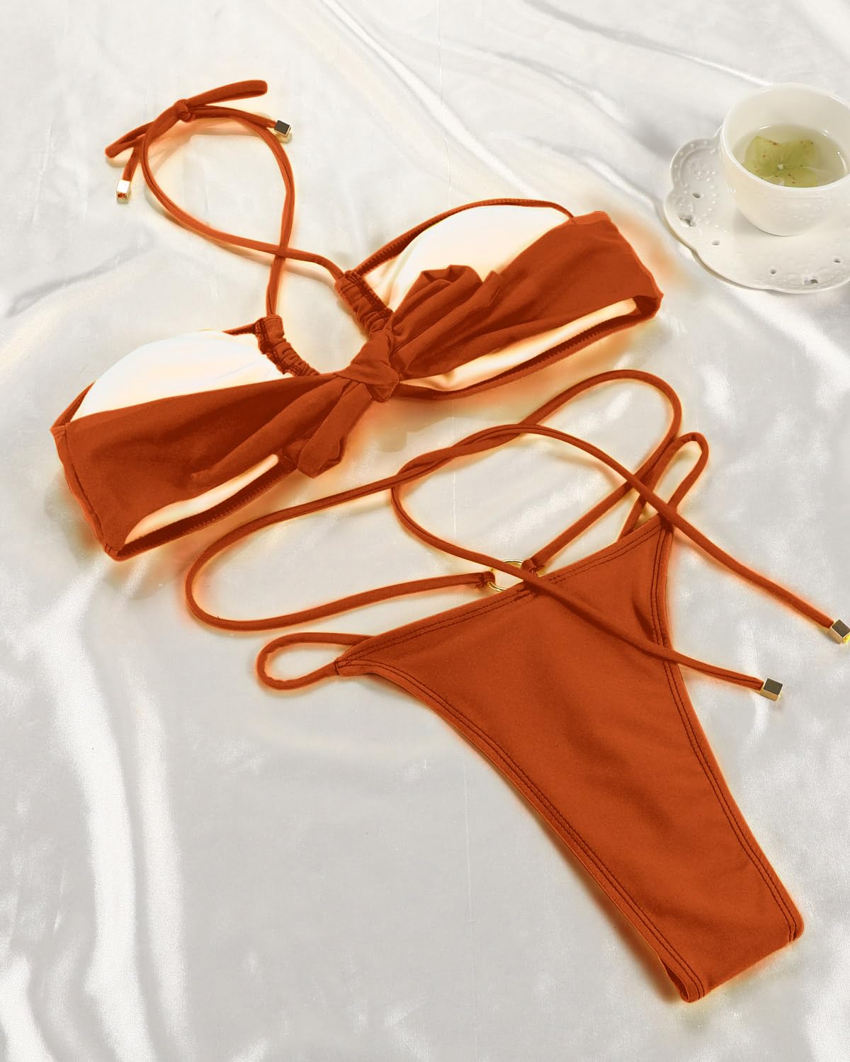 Women Halter String Bikini Set Sexy Thong Cheeky Two Piece Swimsuits Solid Color Bathing Swimwear (XSmall, Brown)