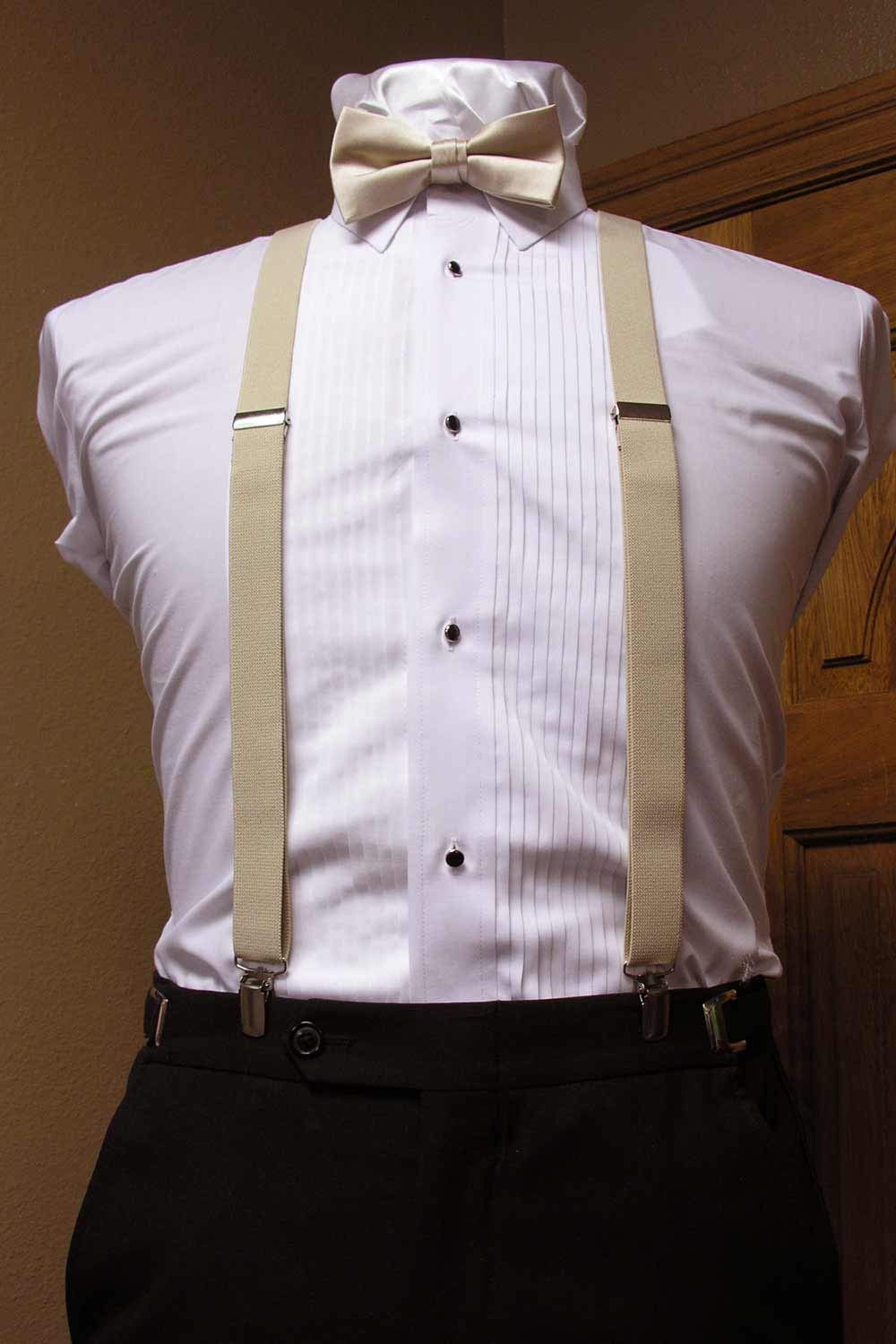 traderplus Men Elastic Suspenders and Bow Ties Set for Wedding, Formal Events (Champagne)