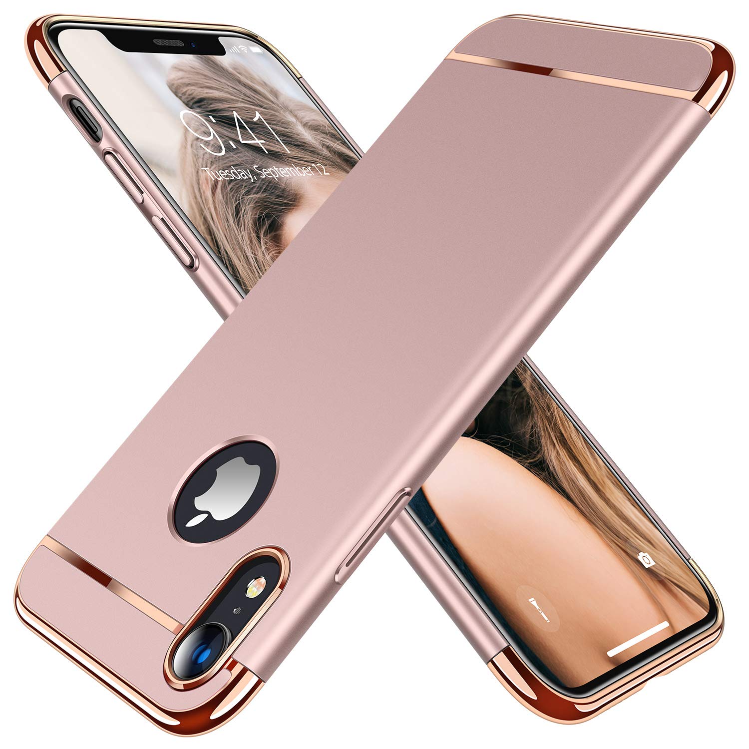 TORRAS Lock Series Designed for iPhone XR Case, 3-in-1 Luxury Hybrid Hard Plastic with Gold Trim Matte Finish Slim Thin Phone Case, Rose Gold