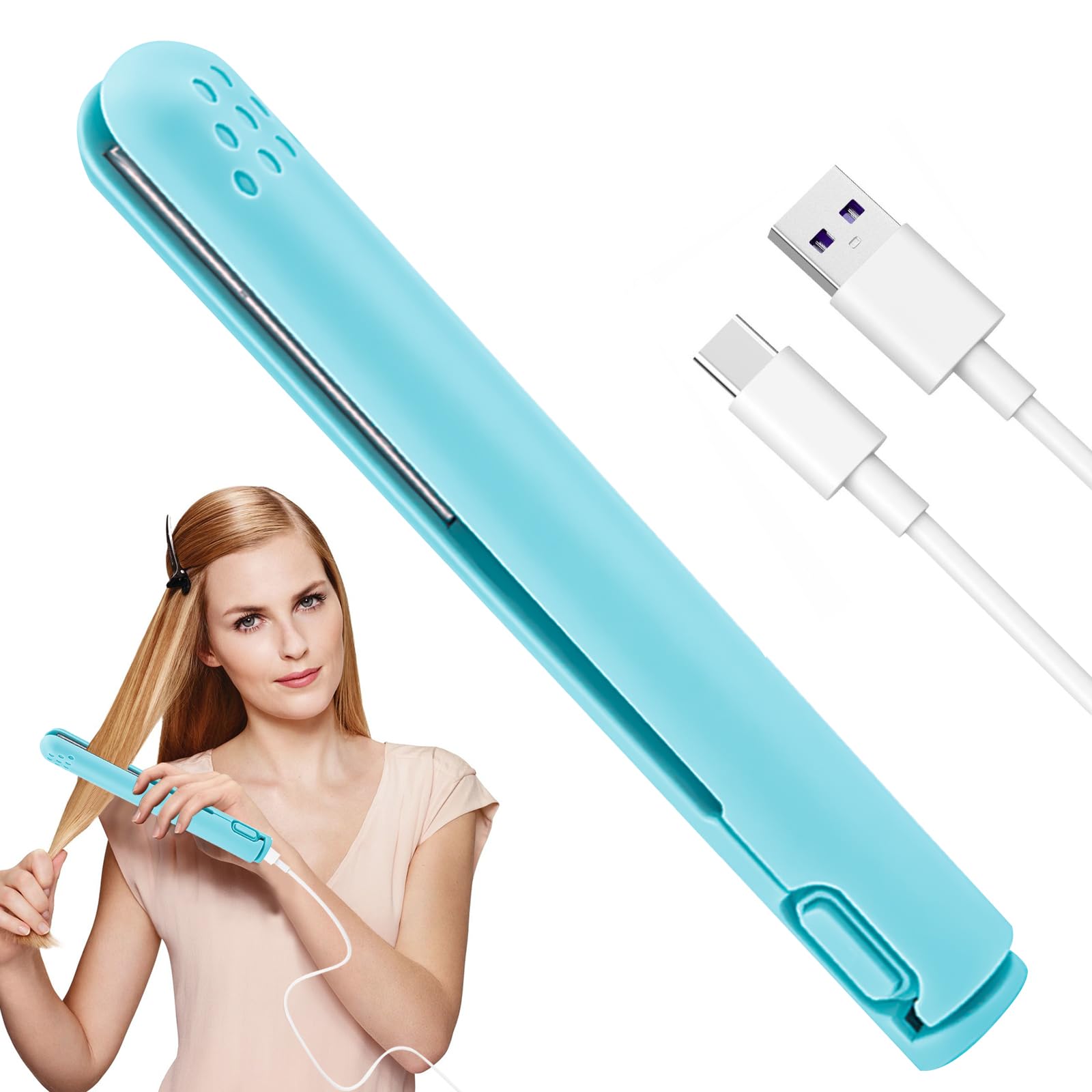 Ubitree Mini Curling Iron, Dual-Purpose Travel Curling Wand, 2 in 1 Curling Iron and Straightener Combo, Cordless Curling Iron with USB Cable for Short Medium Long Hair