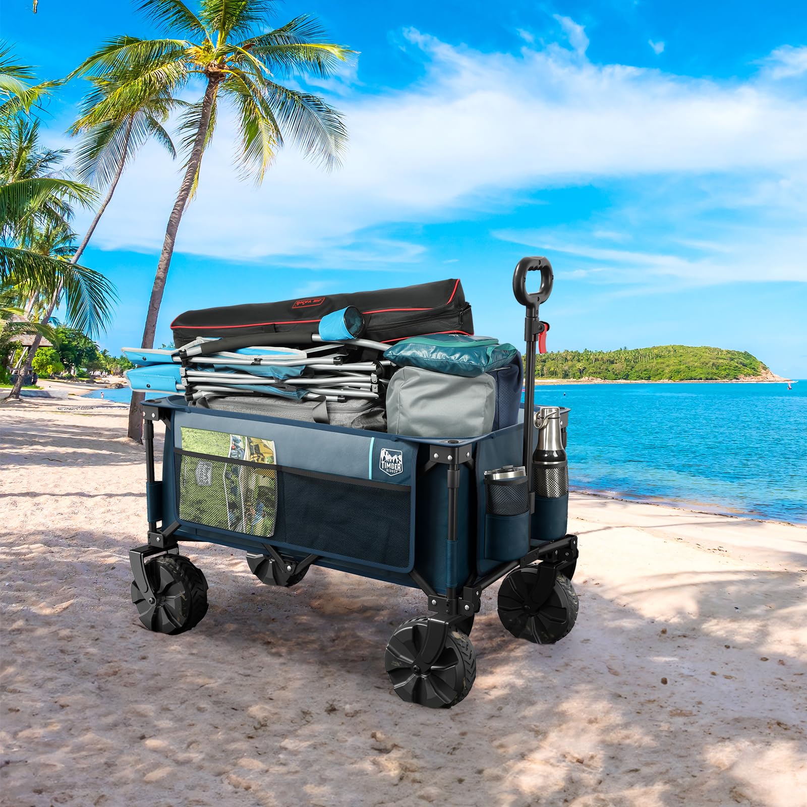 TIMBER RIDGE Collapsible Folding Wagon, Heavy Duty Utility Beach Cart with Big All-Terrain Wheels for Shopping Camping Garden with Side Bag and Cup Holders,Navy