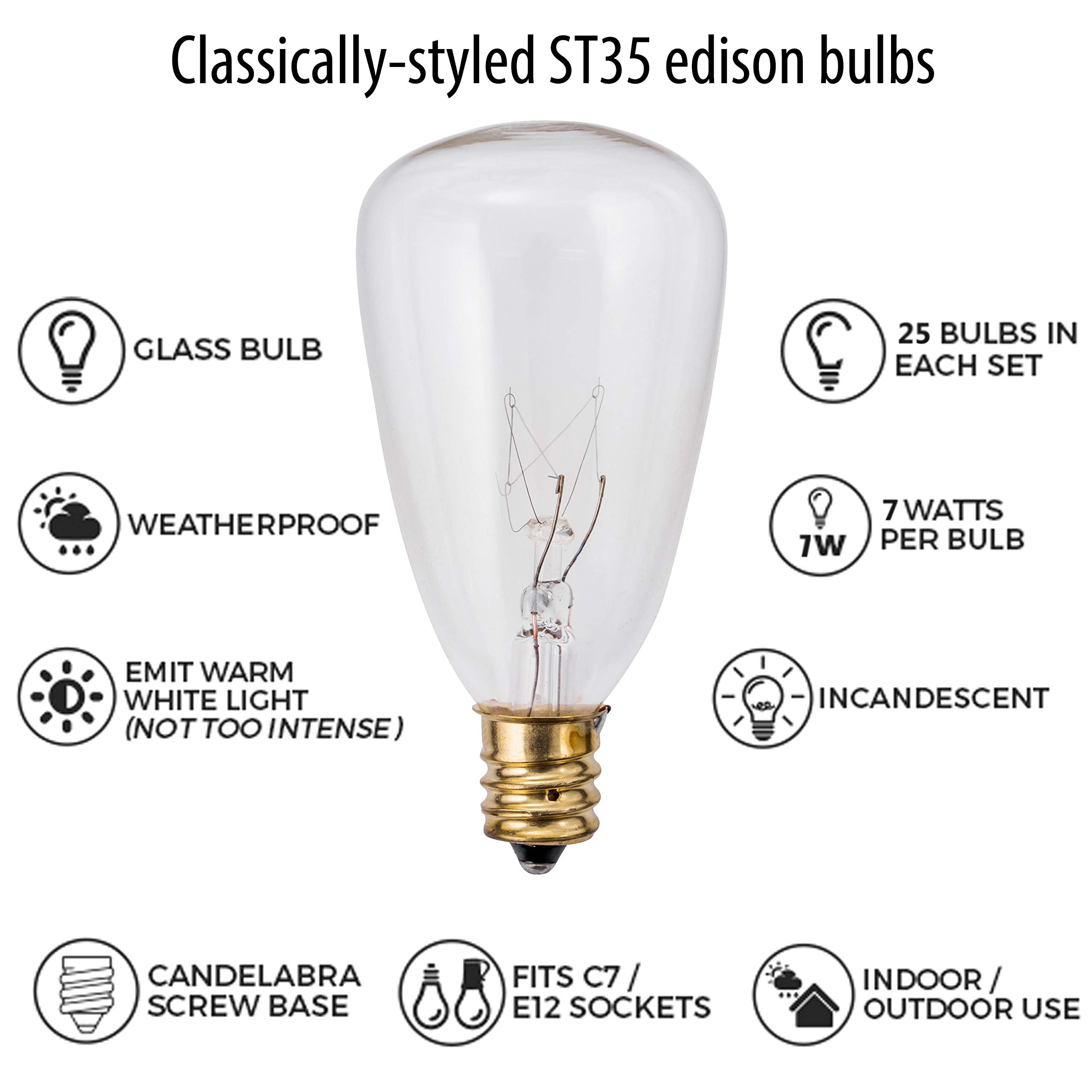 ZHONGXIN 25 Pack - Clear Incandescent ST35 Bulbs Warm White for Patio String Lights Fits E12 and C7 Base 7 Watt, for ST35 and G40 Replacement Bulbs for Patio Lights