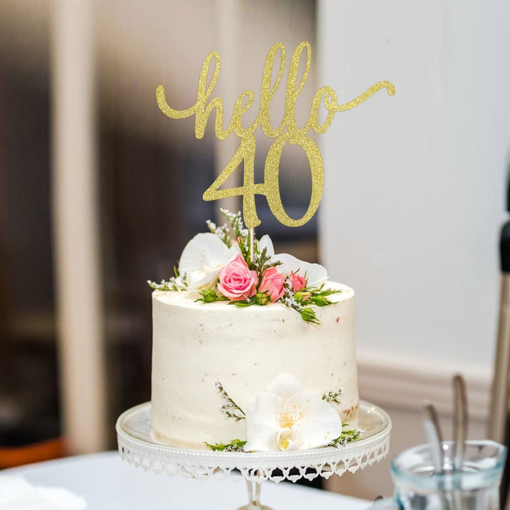 sodasos Golden Glitter Hello 40 Cake Topper - Cheer to 40th Years - 40 and Fabulous Cake Topper - Wedding Anniversary Party Sign Decorations (40)…