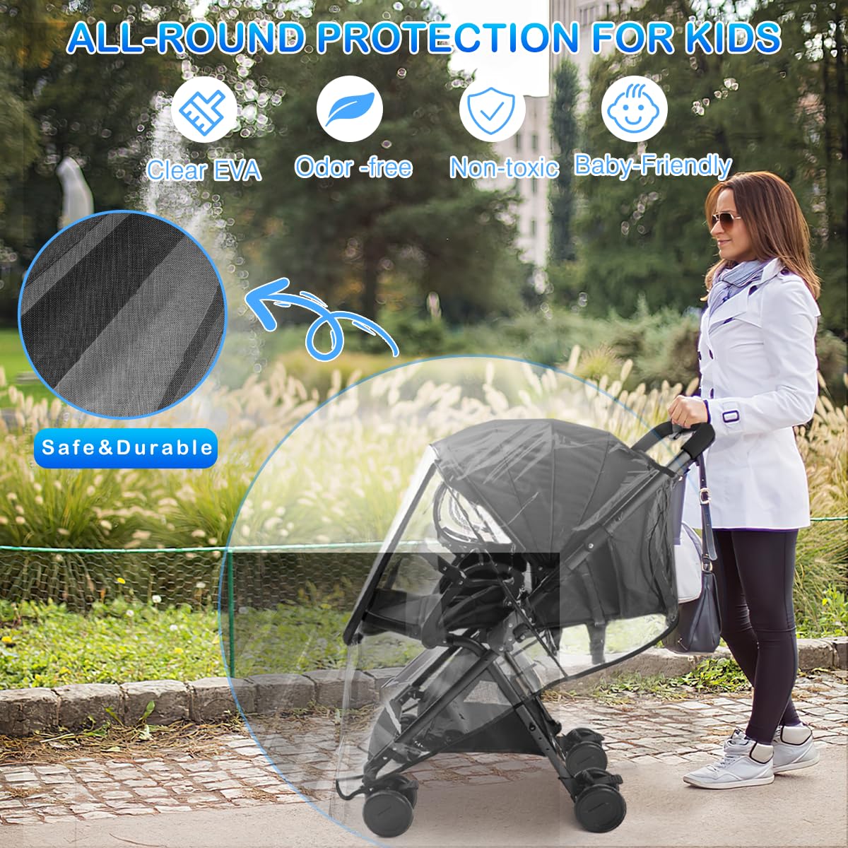 Zooawa Stroller Rain Cover, Universal Size Baby Christmas Travel Weather Shield Food Grade EVA Plastic Waterproof Windproof Dust Resistant Stroller Raincover for Jogger Stroller Buggy Pram - Clear