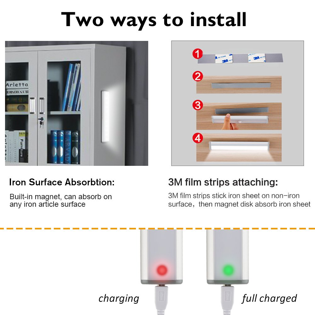 Wireless Motion Sensor Cabinet Lights 10-LED USB Rechargeable Closet Lights LED Under Cabinet Lighting for Wardrobe/Drawer/Stairs/Cupboard/Counter/Pantry/Stairs,Stick On Anywhere,2 Pack,White Light