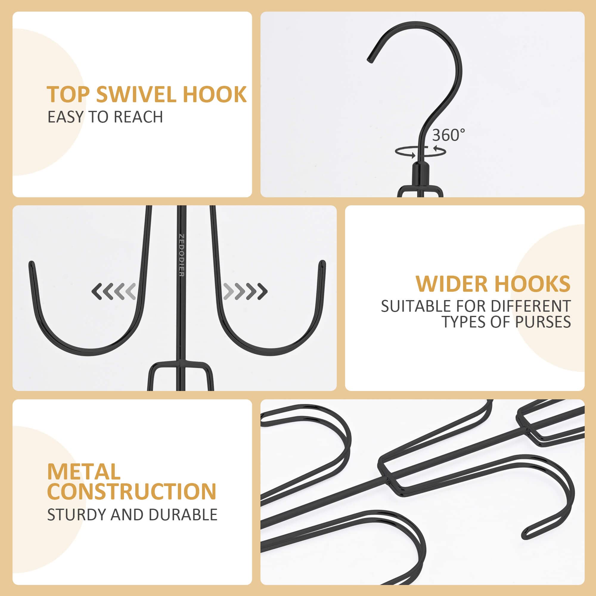 ZEDODIER Purse Hanger Organizer for Closet, 2 Pack Rotatable Hanging Bag Holder, Keeping Purses Visible and in Good Condition, Metal Handbag Storage Hook Backpack Rack Space Saving Hanger, Black