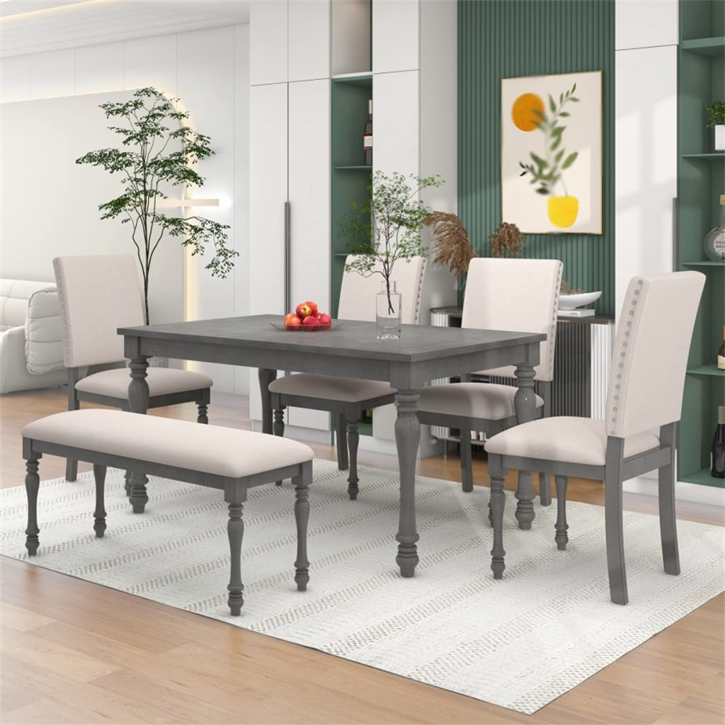 ZHYH 6 Piece Wooden Dining Table Rectangular Table with Turning Legs 4 Upholstered Chairs and Dining Room Bench