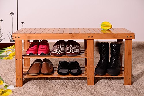 WISCLASS 90 cm Pastoral Style Bamboo Shoe Rack Strip Pattern Three Tiers Bamboo Stool Shoe Rack Simple Assembled Multifunctional Storage Shoe Rack Pastoral Style Bamboo Shoe Stool for Home