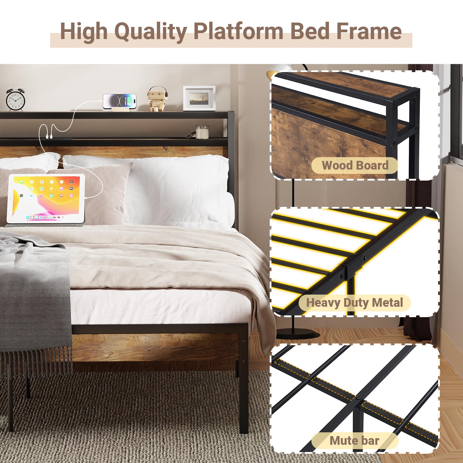 Zevemomo Queen Bed Frame, Queen Size Metal Platform Bed Frame with 2-Tier Storage Wood Headboard and Power Outlets, USB Ports Charging Station/No Box Spring Needed/Noise-Free/Easy Assembly/Brown