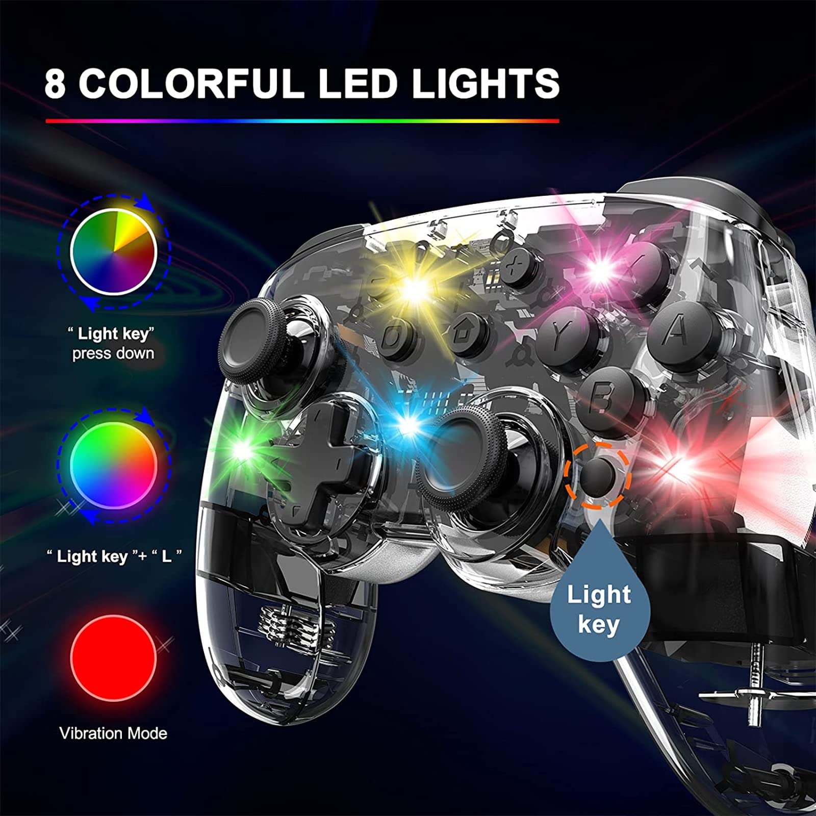 TJPD Transparent Pro controller for Switch, Colorful LED Light Design, wireless Gamepad with 2 programmable back buttons/Turbo/6-Axis Gyro/One-click reconnection/Adjustable vibration (Transparent)