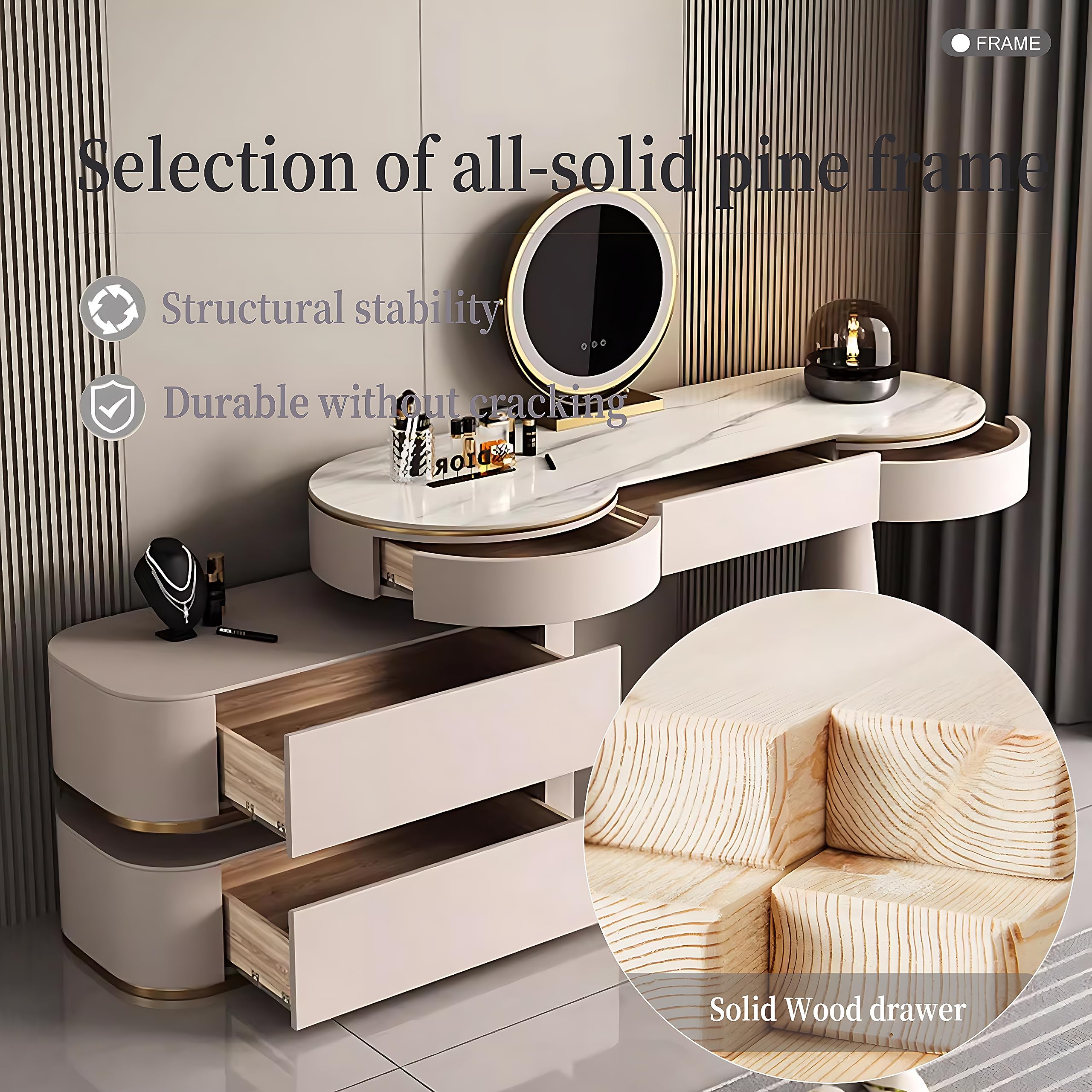 ZGNBSD Luxury Vanity Set - Elegant Makeup Table with Intelligent Mirror, Organized Storage & Comfortable Vanity Chair Solid Wood Bedroom Vanity for Her