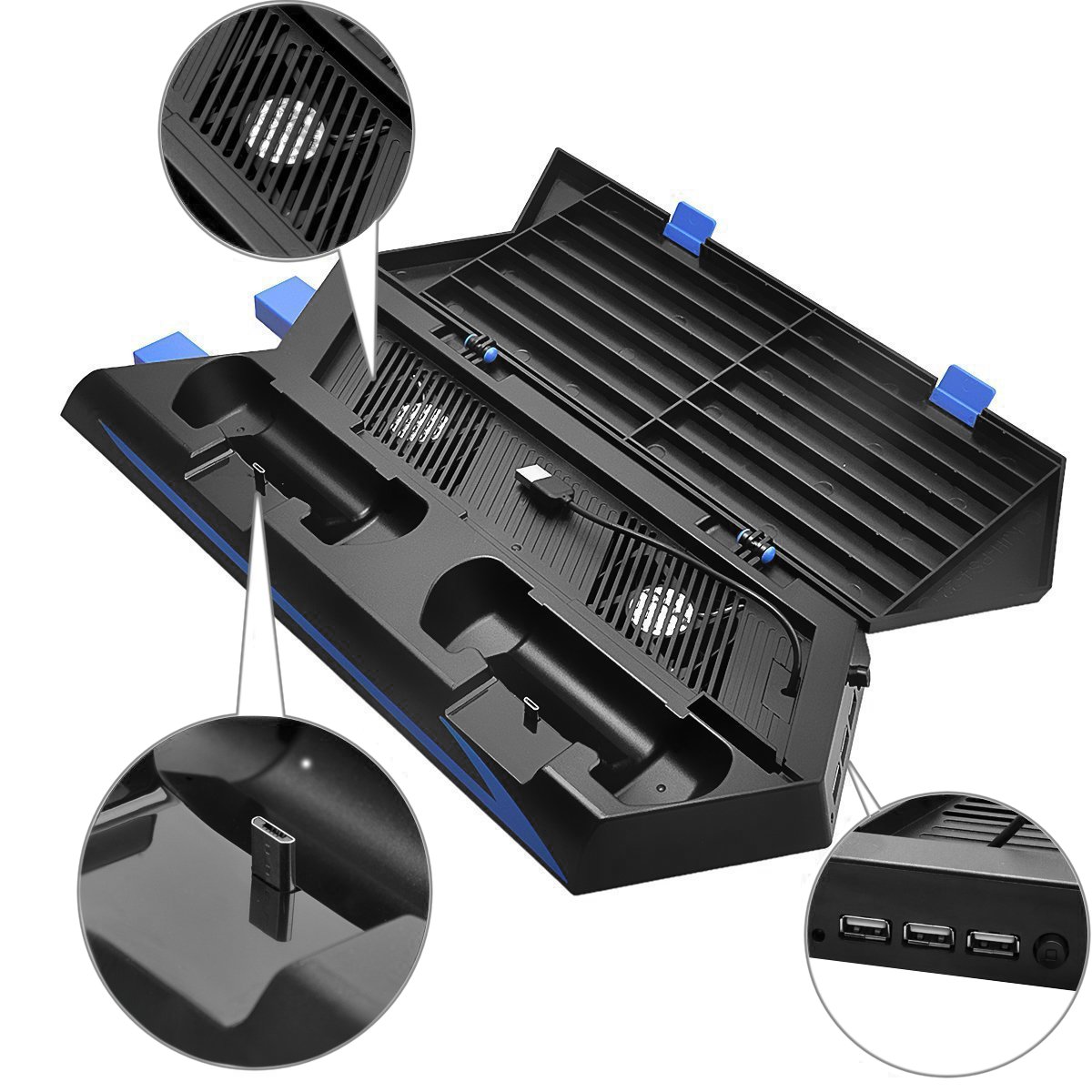 TNP Stand + Controller Charger + Cooling Fan + USB Hub + Game Storage Holder - Vertical Dock Charging Station for DualShock Controller, External Cooler, 4-in-1 Accessories (Black) [Playstation 4]