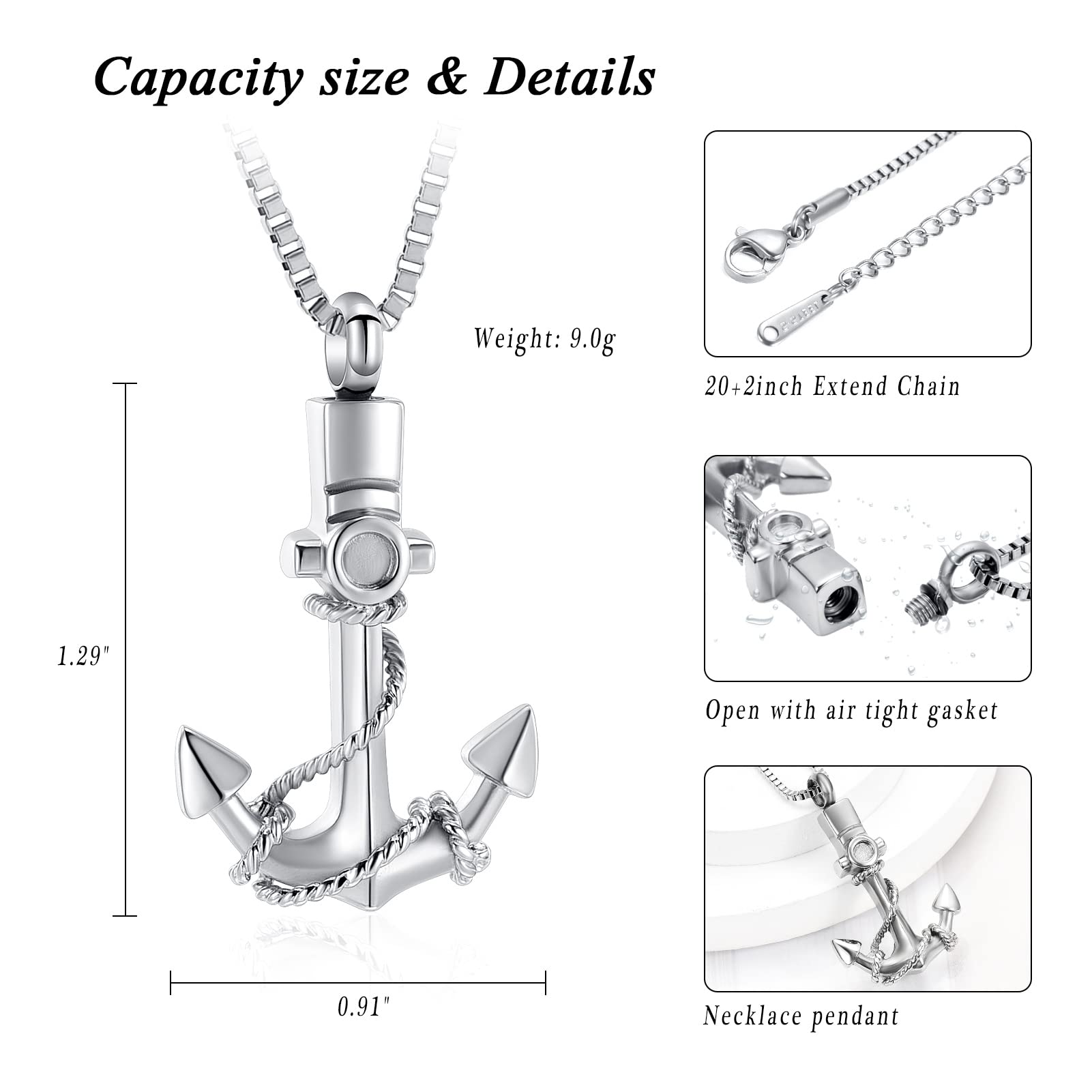 XSMZB Cremation Jewelry for Ashes Anchor Urn Necklace for Men Women Memorial Ashes Holder Keepsake Urn Pendant (Silver)