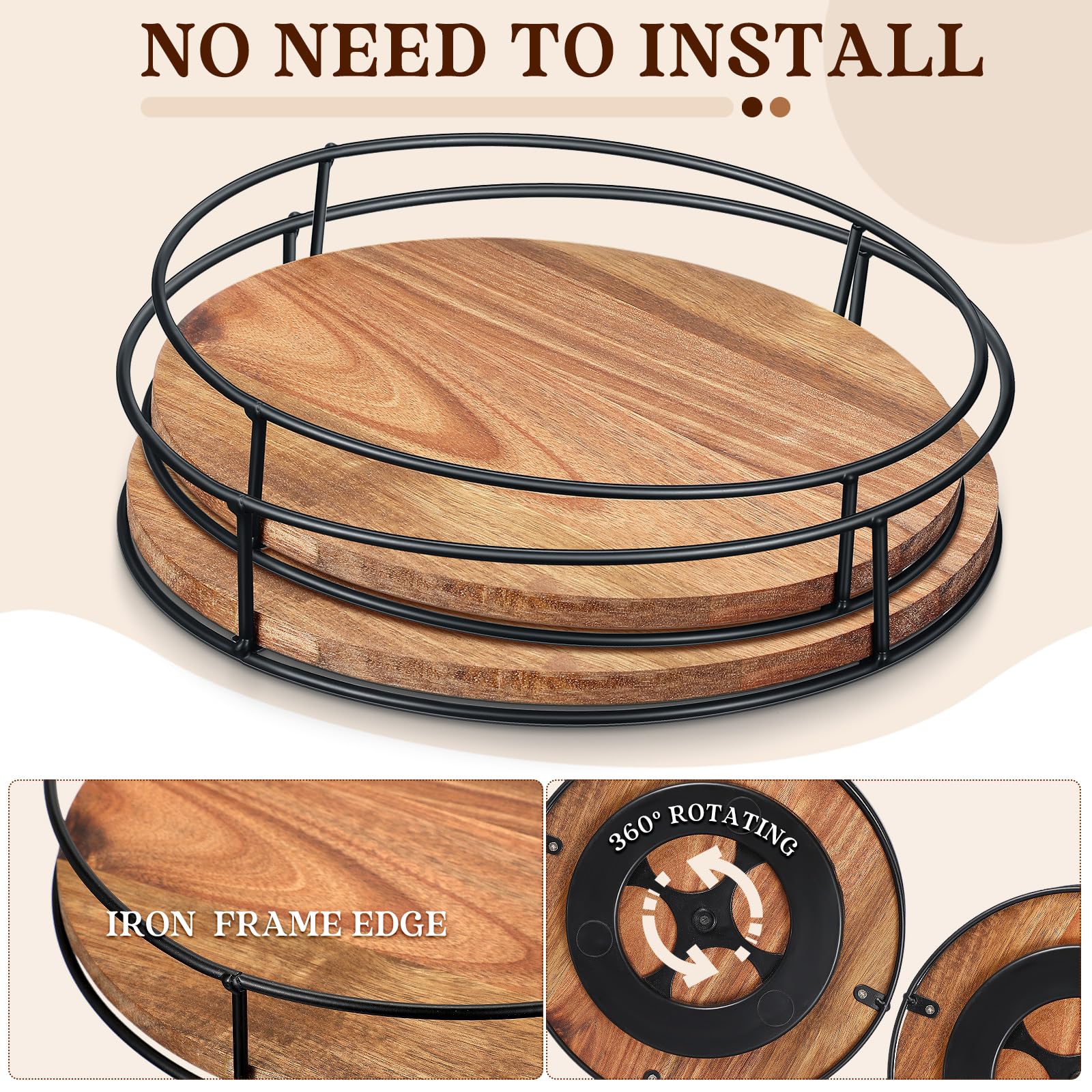 Wesiti 6 Pack Lazy Susan Organizer 9 Inch 10 Inch Wood Lazy Susan Turntable with Steel Edges 360 Degree Kitchen Countertop Organizer for Cabinet Pantry