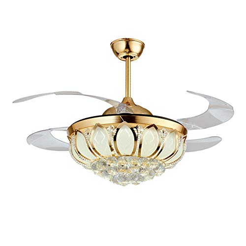 US DELIVER Dimmable 42 inch Invisible Ceiling Fans with Lights and Remote Retractable Blades Crystal Chandelier Fan-Chrome (Golden)