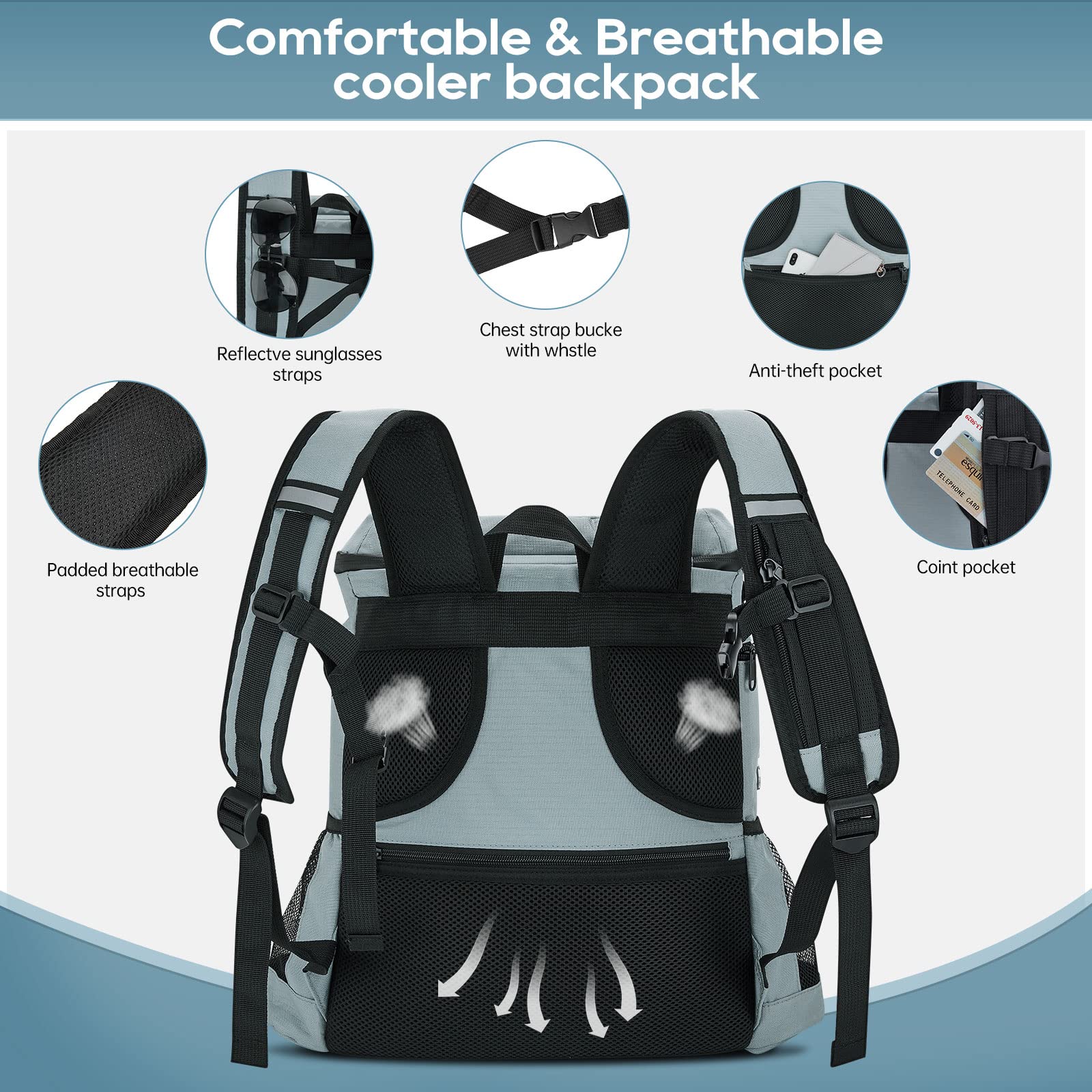 TINGCHUAN Cooler Backpack, 35 Can Backpack Cooler Leak Proof, Insulated Soft Cooler Pack, Camping Cooler, Beach Cooler, Freezer Backpack, Lightweight Travel Cooler Lunch Backpack (Gray-1)
