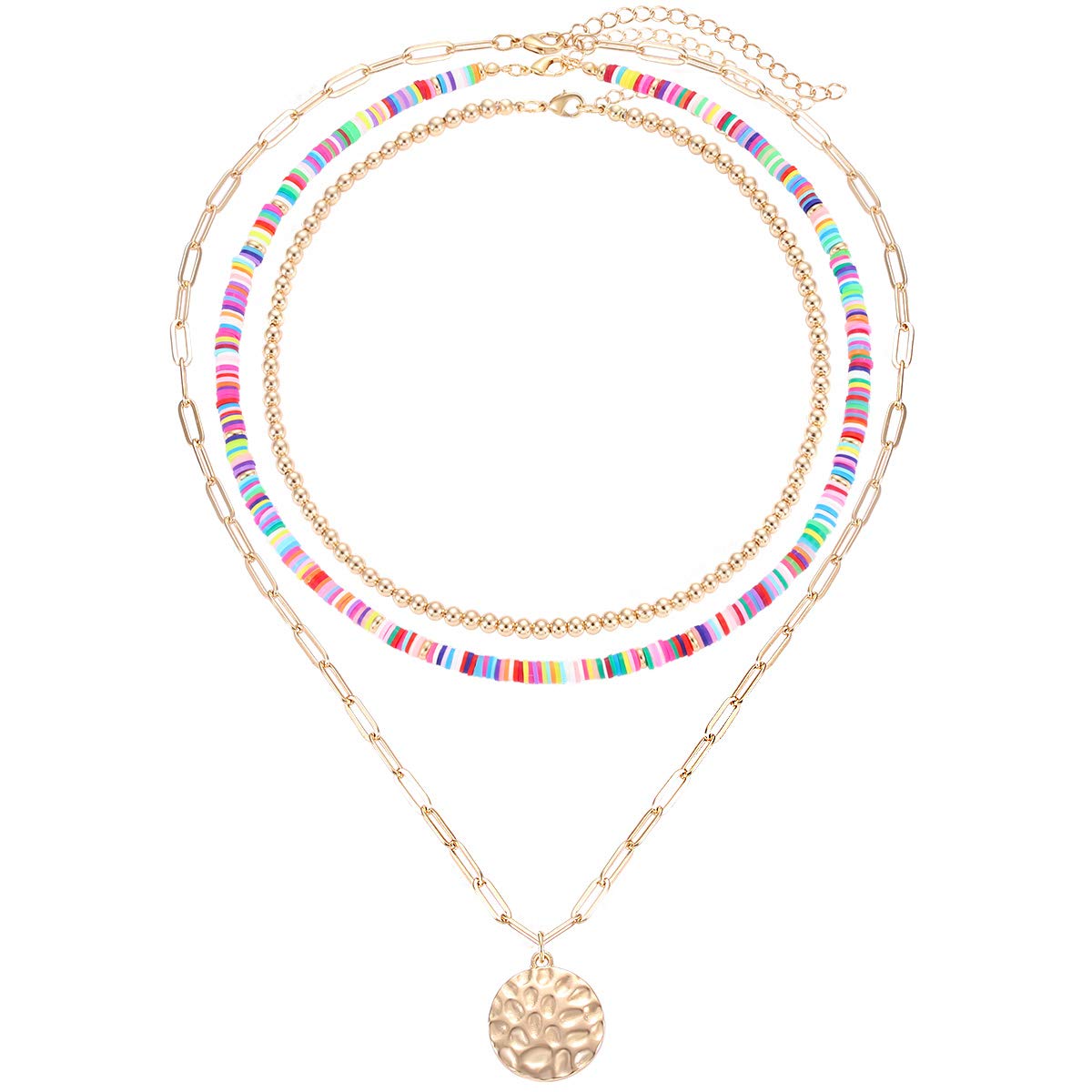 XOCARTIGE Clay Bead Necklace, Colorful Surfer Heishi Beaded Choker Necklace for Women, Stackable Ball Necklace Layered Paperclip Link Chain Necklaces Summer Beach Jewelry Set (Multicolor)