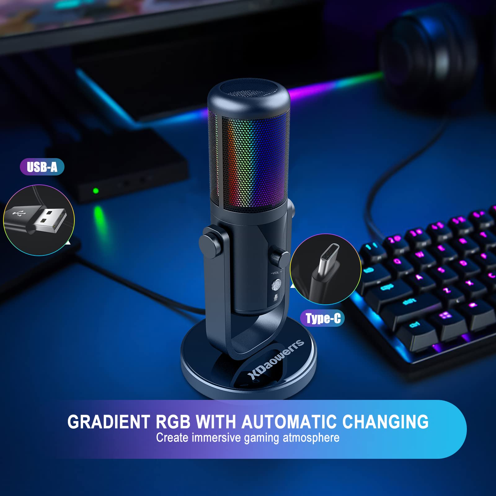 XDaowerrs Gaming RGB USB Condenser Microphone, 192KHZ/24Bit Plug & Play Mic for PC, PS4 and Mac, Cardioid Pickup Pattern, Quick Mute, Gain Control, Streaming, Podcasts, Twitch, YouTube, Discord