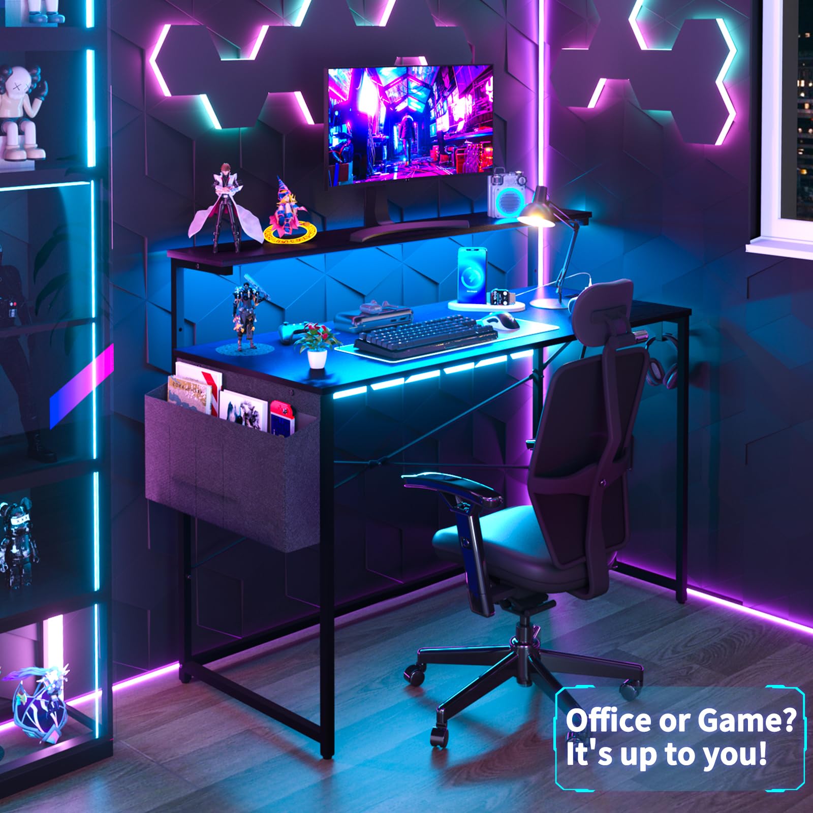 Yoobure Computer Desk with LED Lights, Adjustable Monitor Stand, Power Outlets, and Storage - 47" Home Office Desk