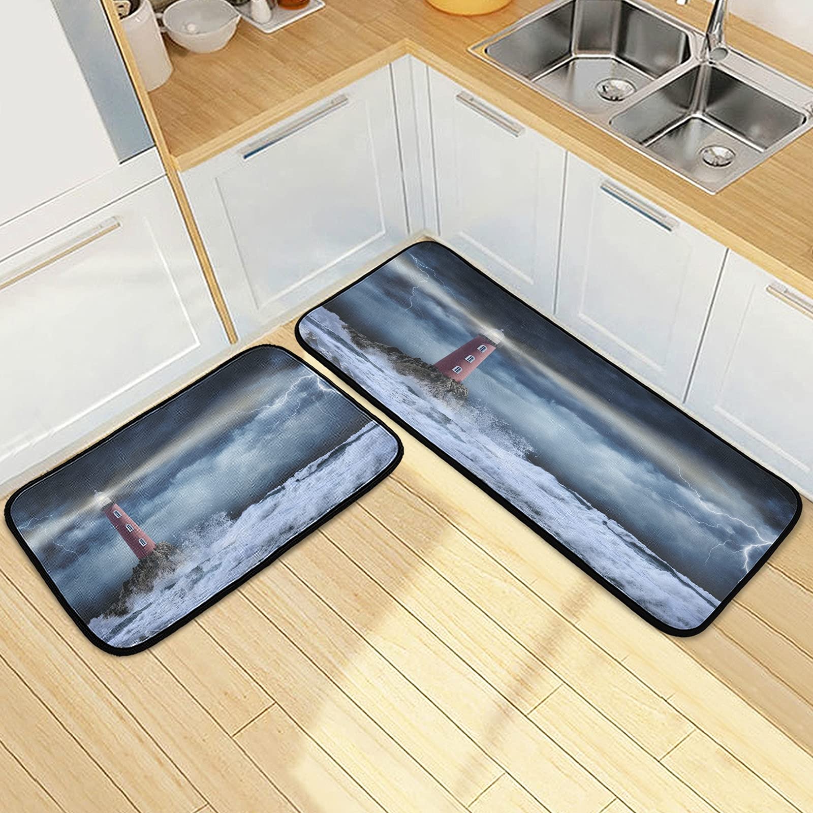 xigua 2 Pieces Stormy Landscape Lighthouse Kitchen Rugs and Mats Set Absorbent Soft Microfiber Bath Mat Non-Slip Kitchen Mat Doormat Runner Set, 19.7"x47.2"+19.7"x27.6"