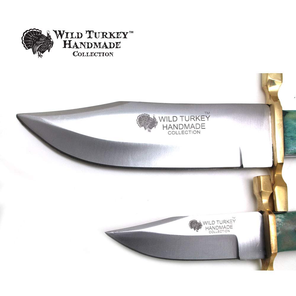 Wild Turkey Handmade Collection 2 Piece Collector Hunting Knife Set w/Leather Sheath Hunting Camping Fishing (Blue Bone)