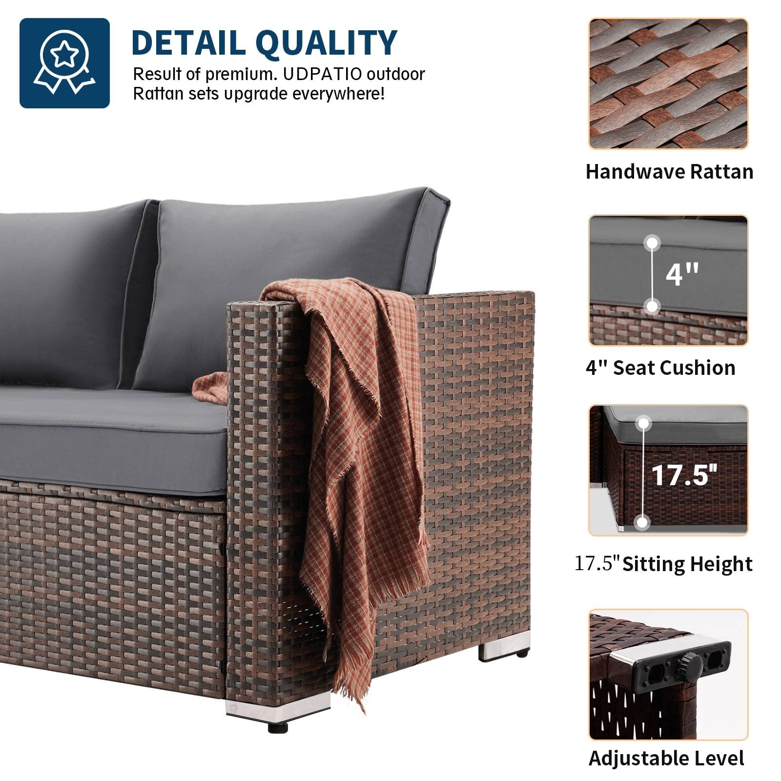 UDPATIO Patio Furniture Sets, Modular Rattan Outdoor Patio Sectional Furniture Sofa Set, Wicker Patio Conversation Set for Backyard, Deck, Poolside w Glass Coffee Table, 7PC Grey (Include Sofa Cover)