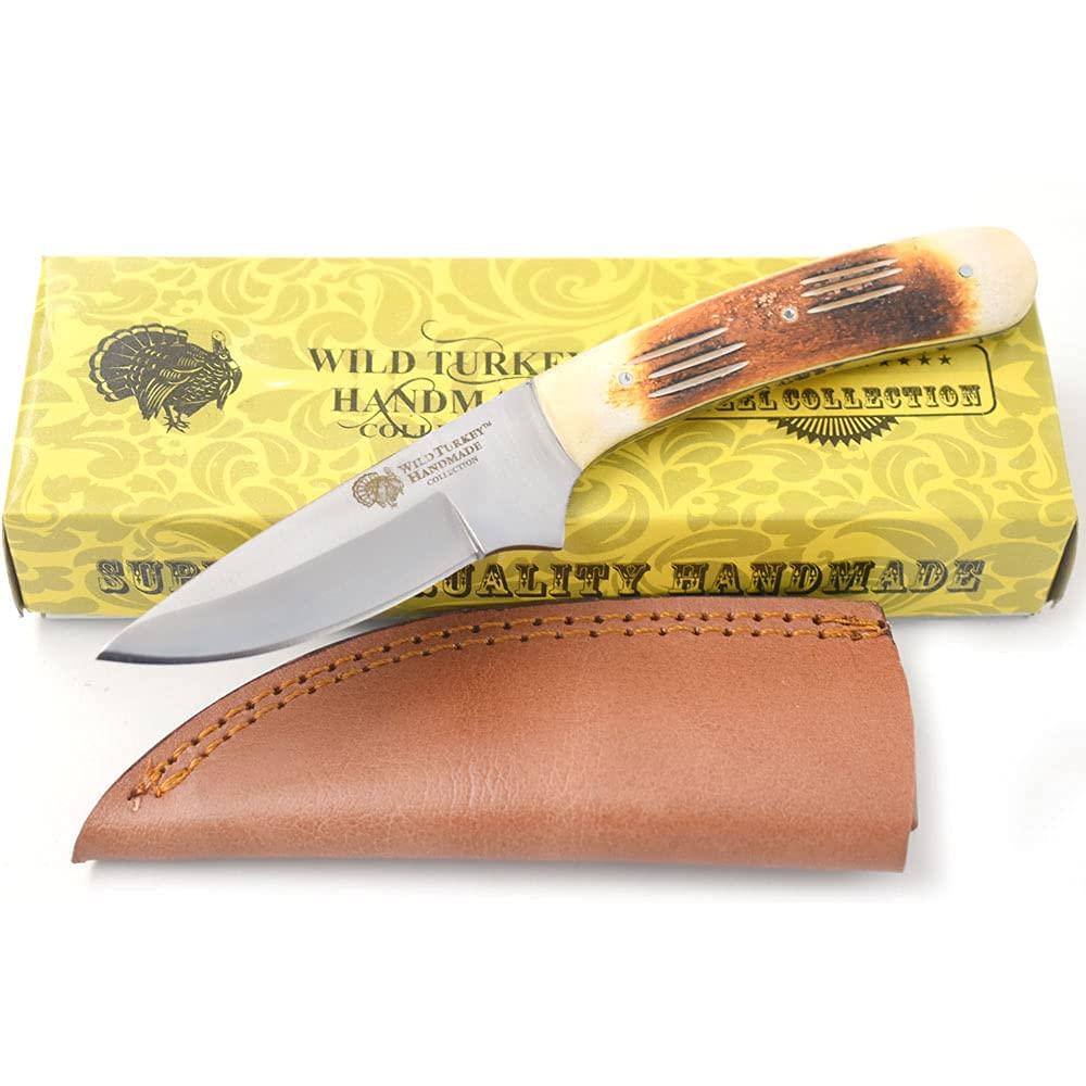 Wild Turkey Handmade Collection Heavy Duty Hunting Knife | Stainless Steel Blade | Genuine Leather Sheath Included (Burn Bone)