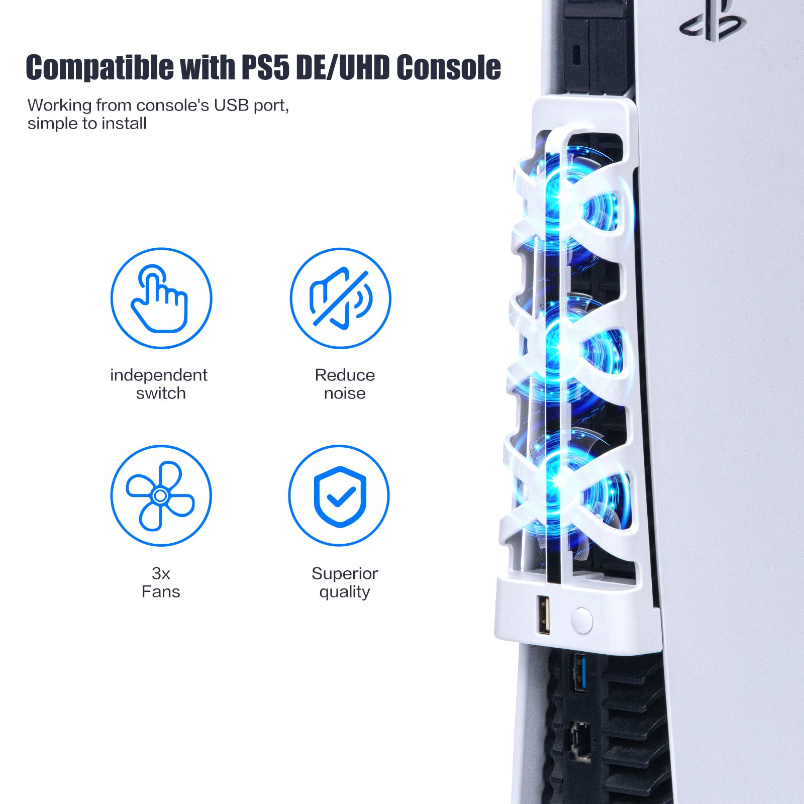 Upgraded PS5 Cooling Fan with LED Light and USB Port - Quiet Fan for PS5 Accessories - Suitable for Sony PS5 Digital/Disc Edition - White (NOT for PS5 Slim)