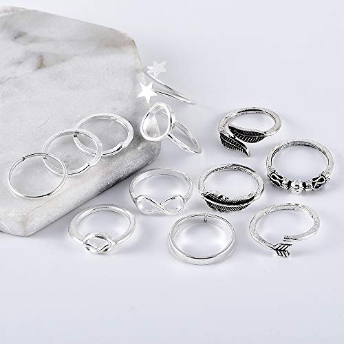 Xerling 12Pcs Women Vintage Silver Ring Set Wave Star Feather Bowknot Knuckle Ring Set Aesthetic Stacking Rings for Women and Girls Teens