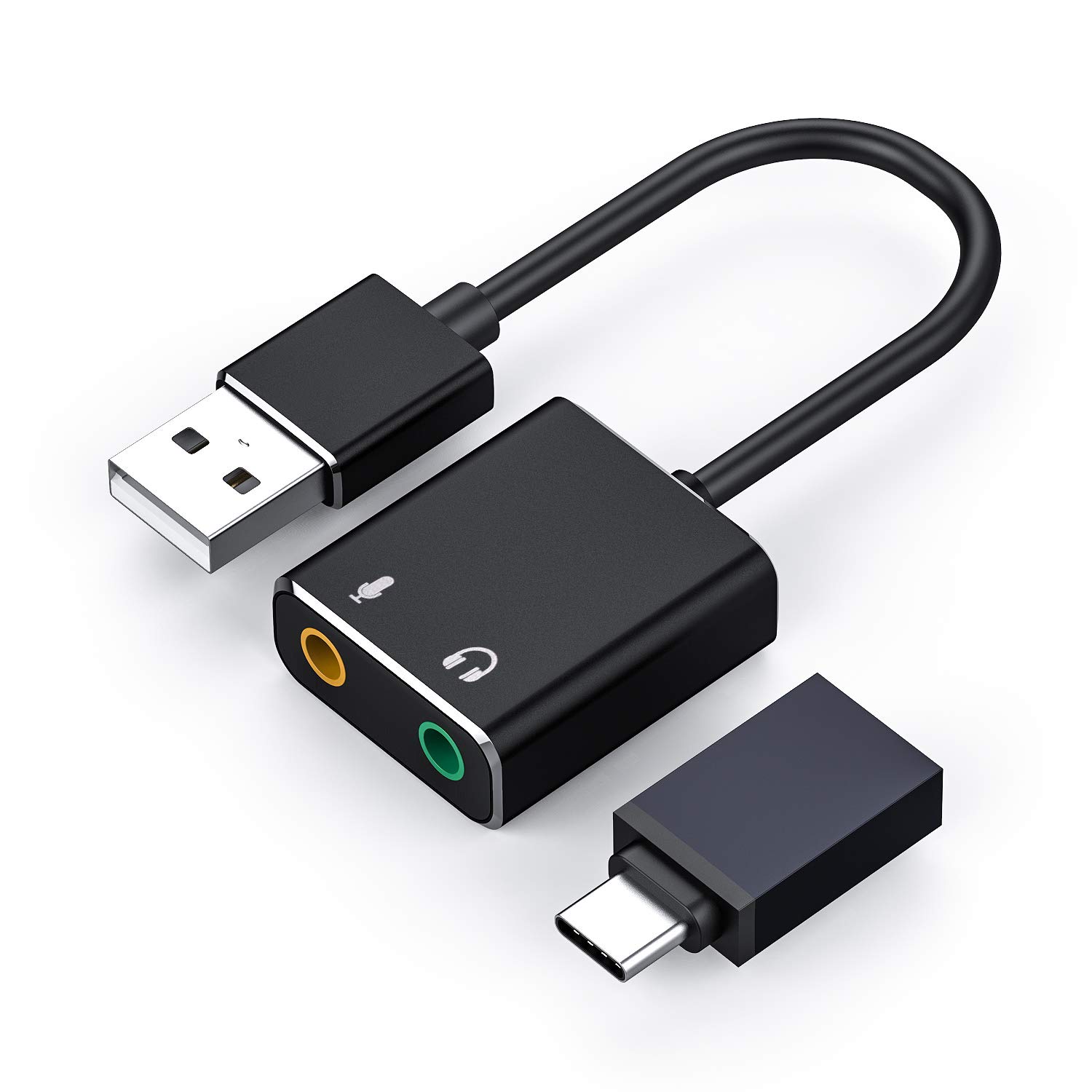 USB Audio Adapter External Stereo Sound Card with 3.5mm Headphone and Microphone Jack, Suitable for Windows, Mac, Linux, PC, Mobile Phone, Laptop, Desktop (with Type-c Adapter)