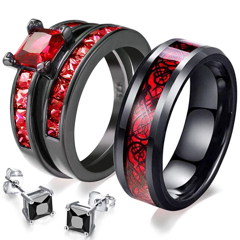 XAHH His and Hers Couples Matching Rings Women's 2pc Black Gold Filled Red CZ Engagement Ring Bridal Sets Men's Titanium Steel Wedding Band Size 6 11