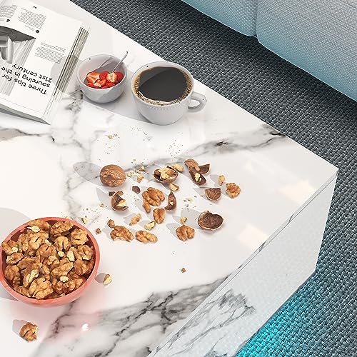 St.Mandyu LED Coffee Table with Storage Drawers,Modern High Glossy Center Table with 20 Colors LED Lights for Living Room (White Marble)