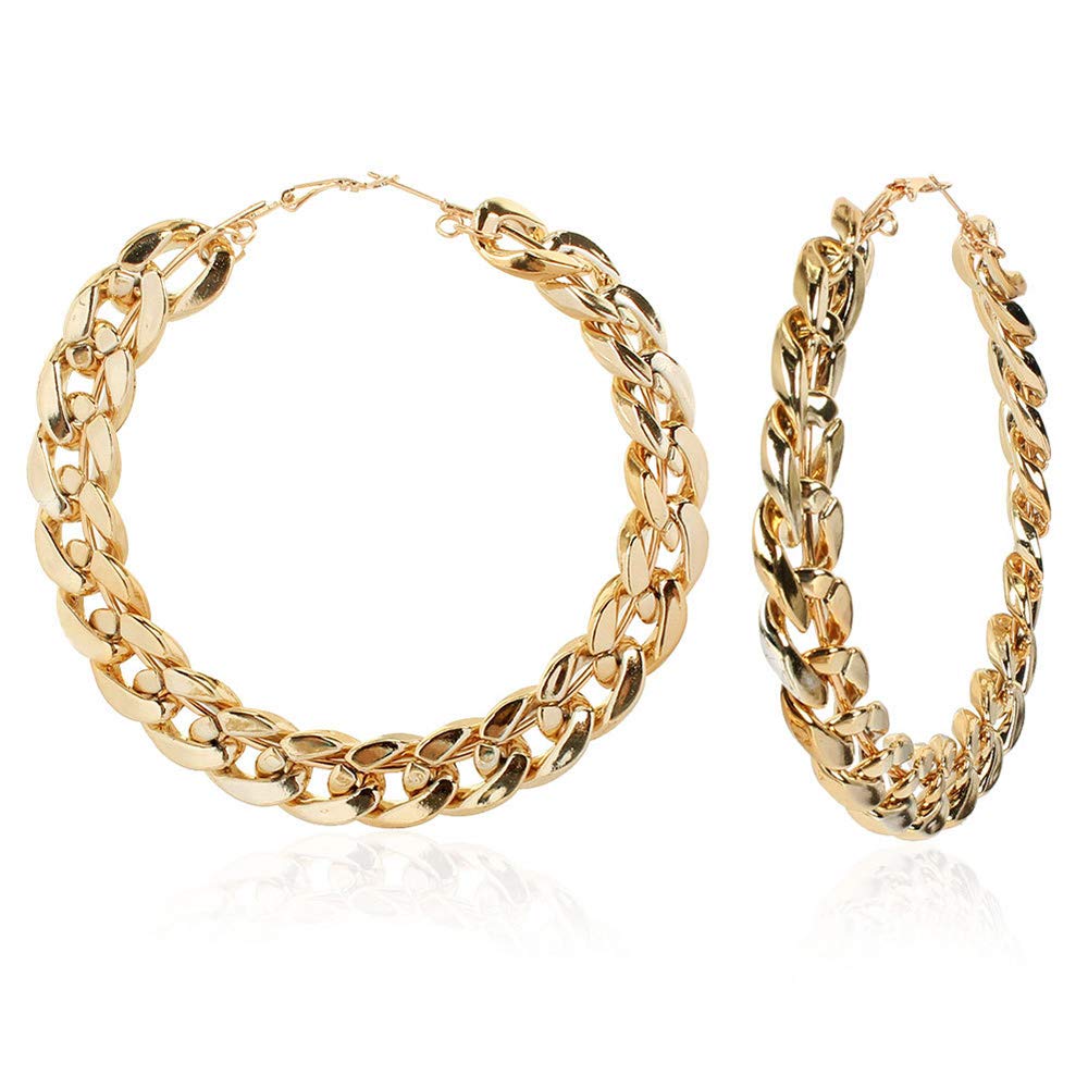 Xerling Large Circle Dangle Hoop Earrings Punk Hip Hop Cuban Chain Link Chain Big Round Circle Hoop Earrings Statement Jewelry (Gold)