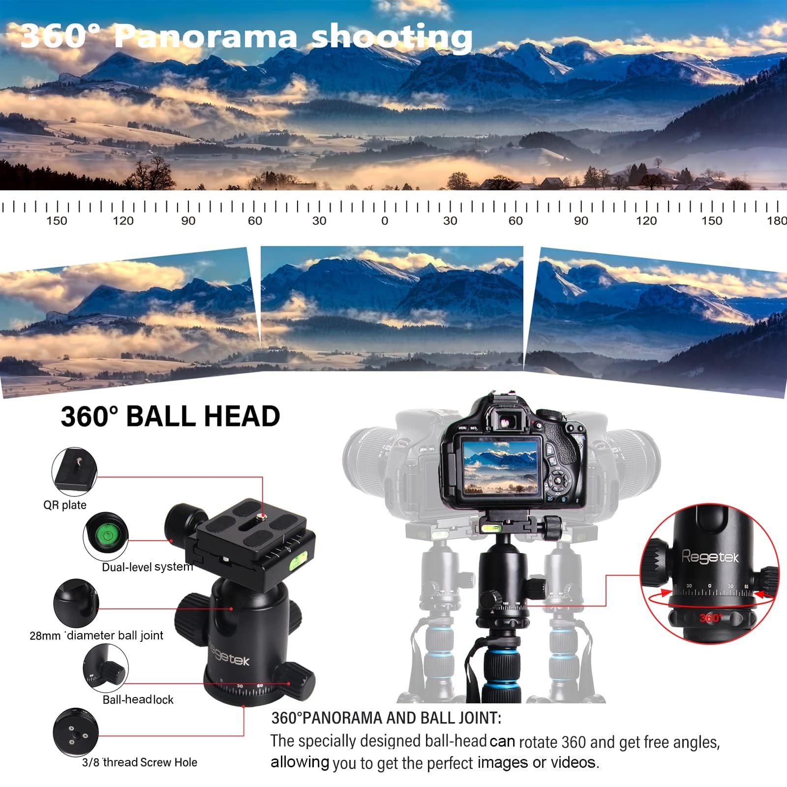 Tripod for Camera, Regetek 71" Camera Tripod, Professional Aluminum Tripod Monopod with 360 Degree Ball Head,Travel Tripod for Canon Sony DSLR Camera, Spotting scopes, Binoculars, Camcorders