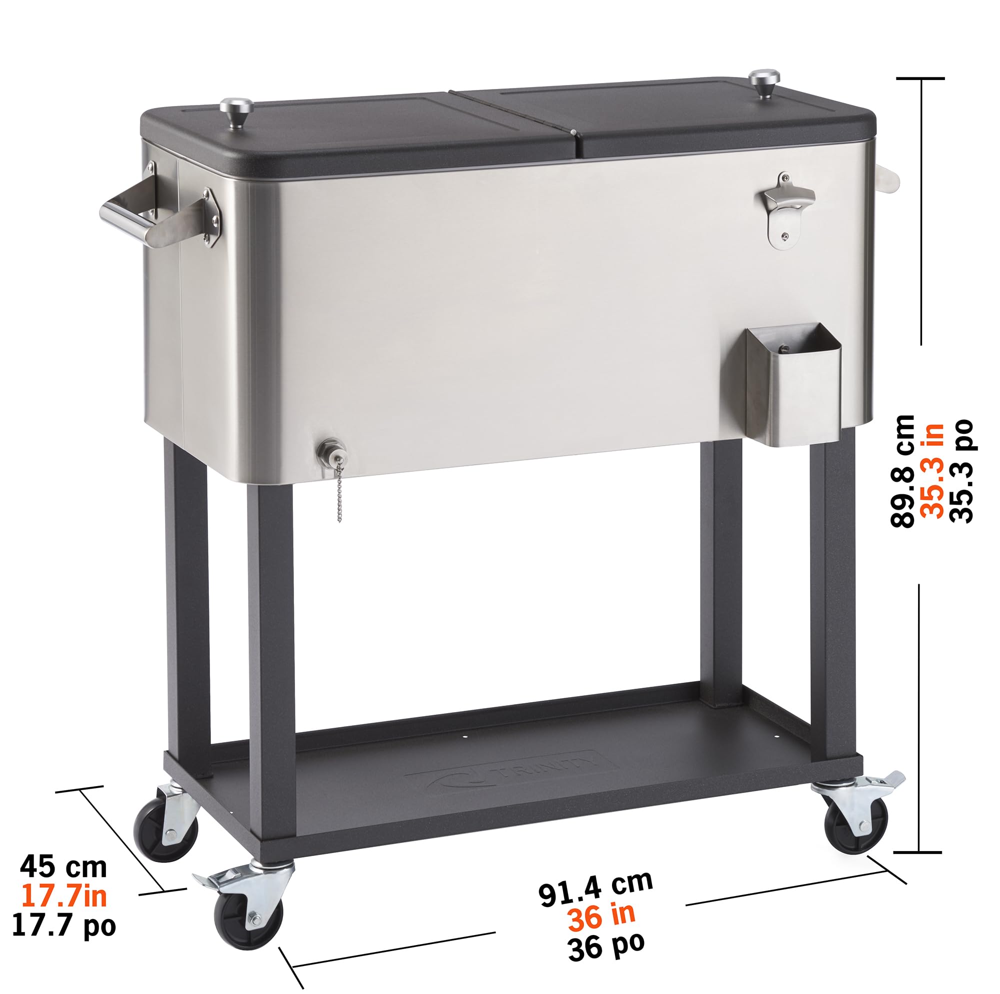 TRINITY Stainless Steel Beverage Cooler and Ice Chest with Wheels and Protective Cover, Rolling Cart with Shelf for Patio, Outdoor Bar, Catering, and Restaurants, 80 Quart Capacity