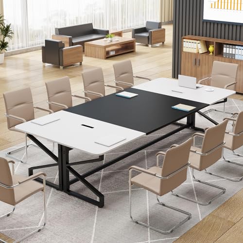 Tribesigns 8FT Conference Table, Modern Rectangular Meeting Room Table with Cable Grommet, 94.48L x 47.24W x 29.52H Inch, Large Seminar Table for Home Office, Meeting Room (White and Black)
