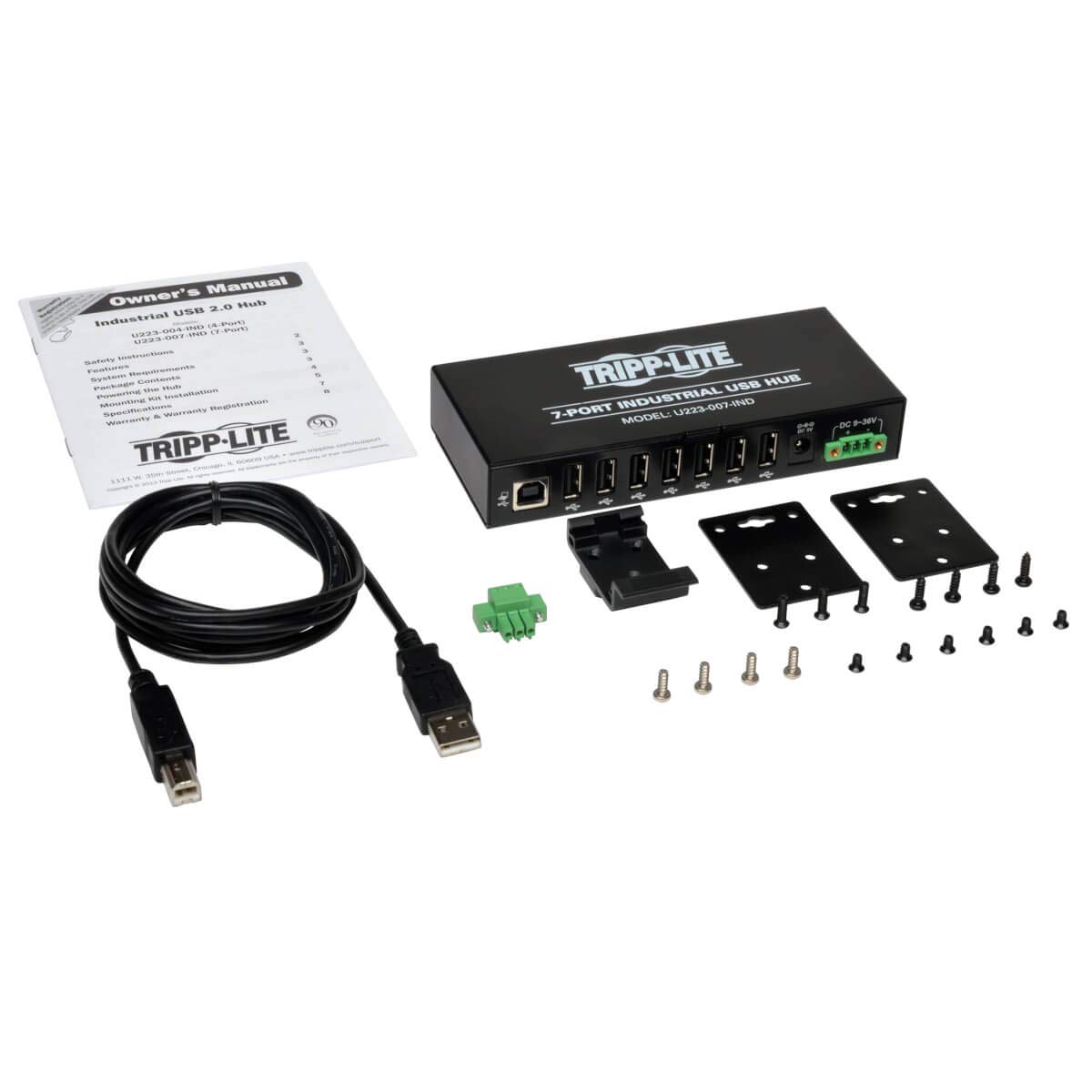 Tripp Lite 7-Port Rugged Industrial USB 2.0 Hi-Speed Hub w 15KV ESD Immunity and metal case, Mountable(U223-007-IND),Black